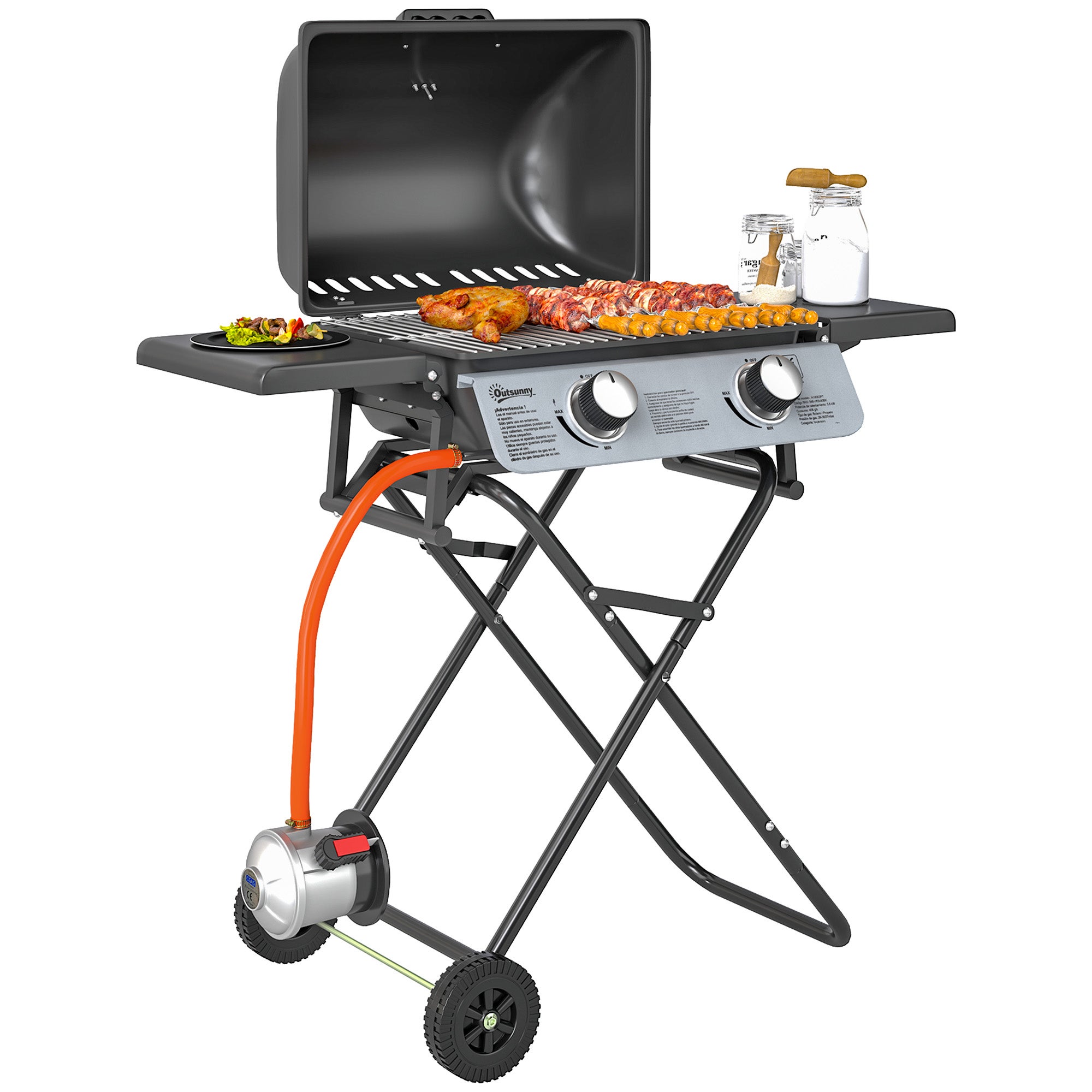 Barbacoa de gas portátil con 2 quemadores y 2 mesas laterales, tapa con ...