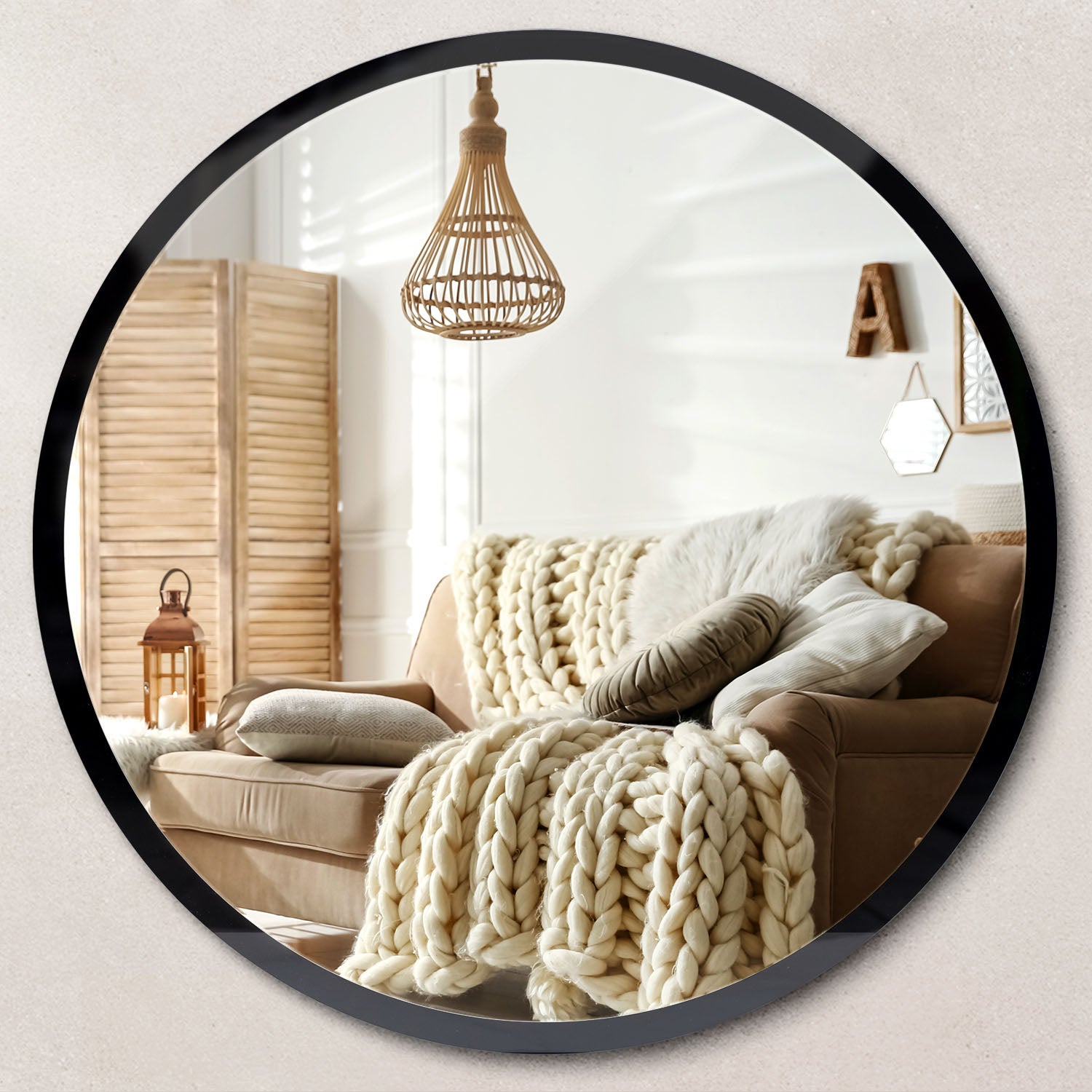 Miroir Rond Mural avec Verre Élégant | 90 cm | Finition Noire | Cadre ...