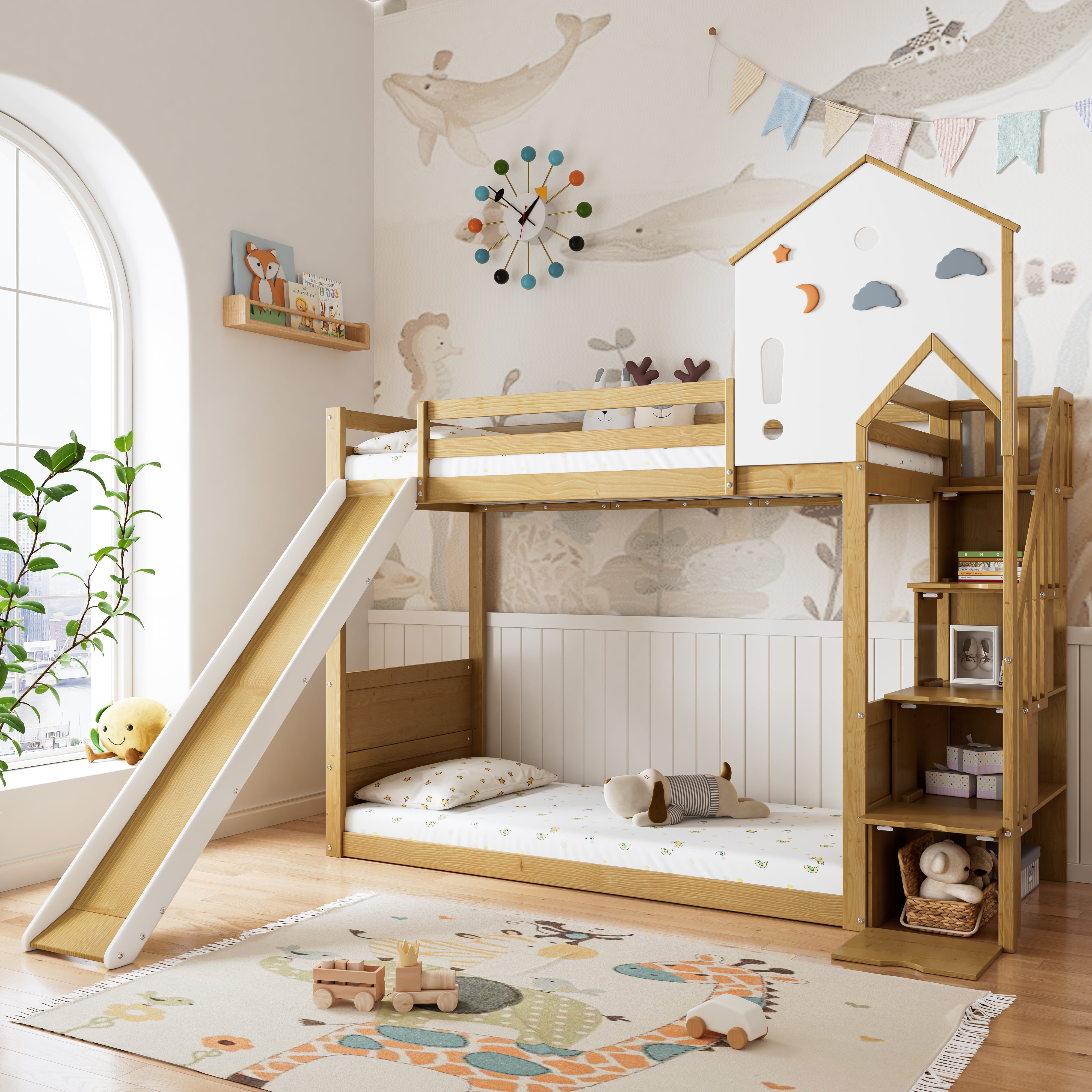 Litera 90x200cm - con escalera almacenaje y tobogán - en madera de pino ...