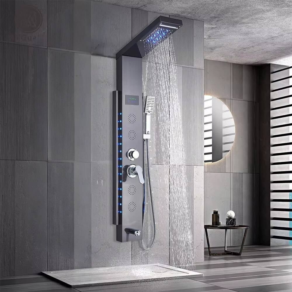 Columna de ducha inteligente negra - Panel LED de lluvia, pantalla ...