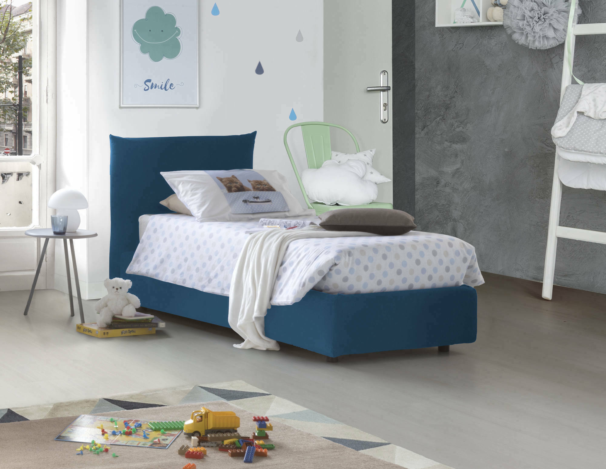 Lit simple Marina, Lit coffre avec revêtement en tissu, 100% Made in ...