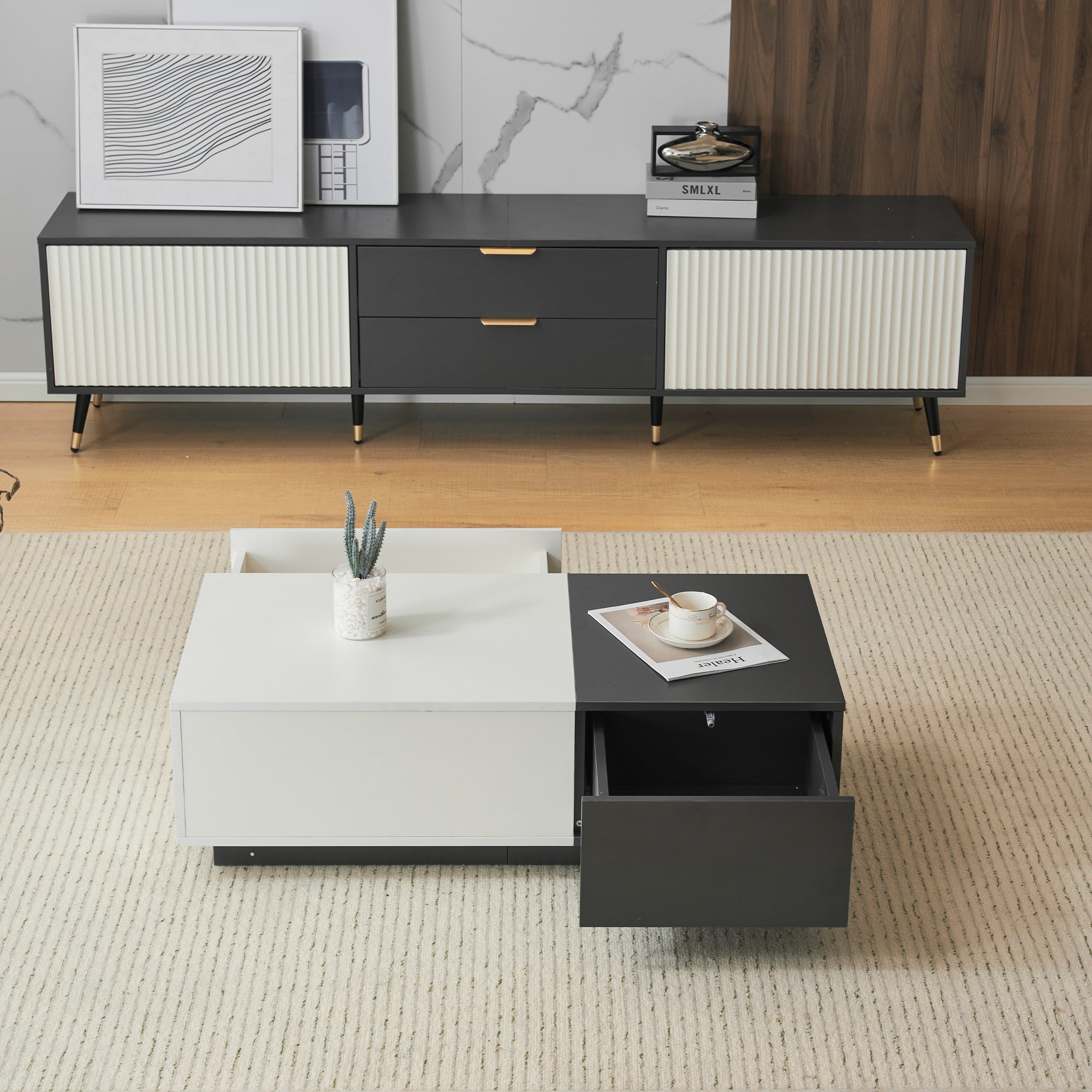 Table basse - avec 2 tiroirs - en panneaux de particules - Blanc & Gris ...