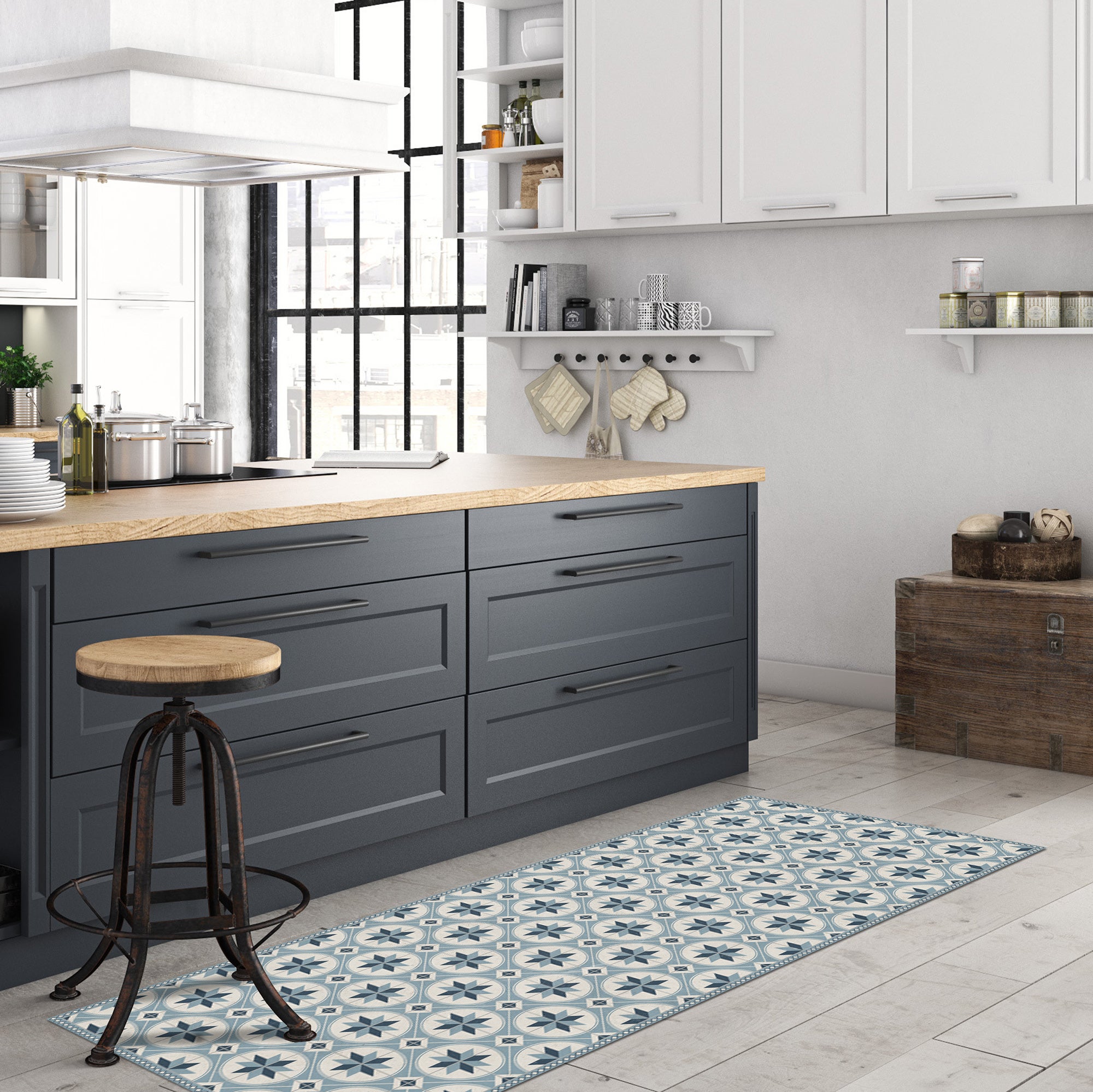 Tapis/ Motifs géométriques bleus / 61x152 cm - RUNNER/ Créé et fabriqué ...