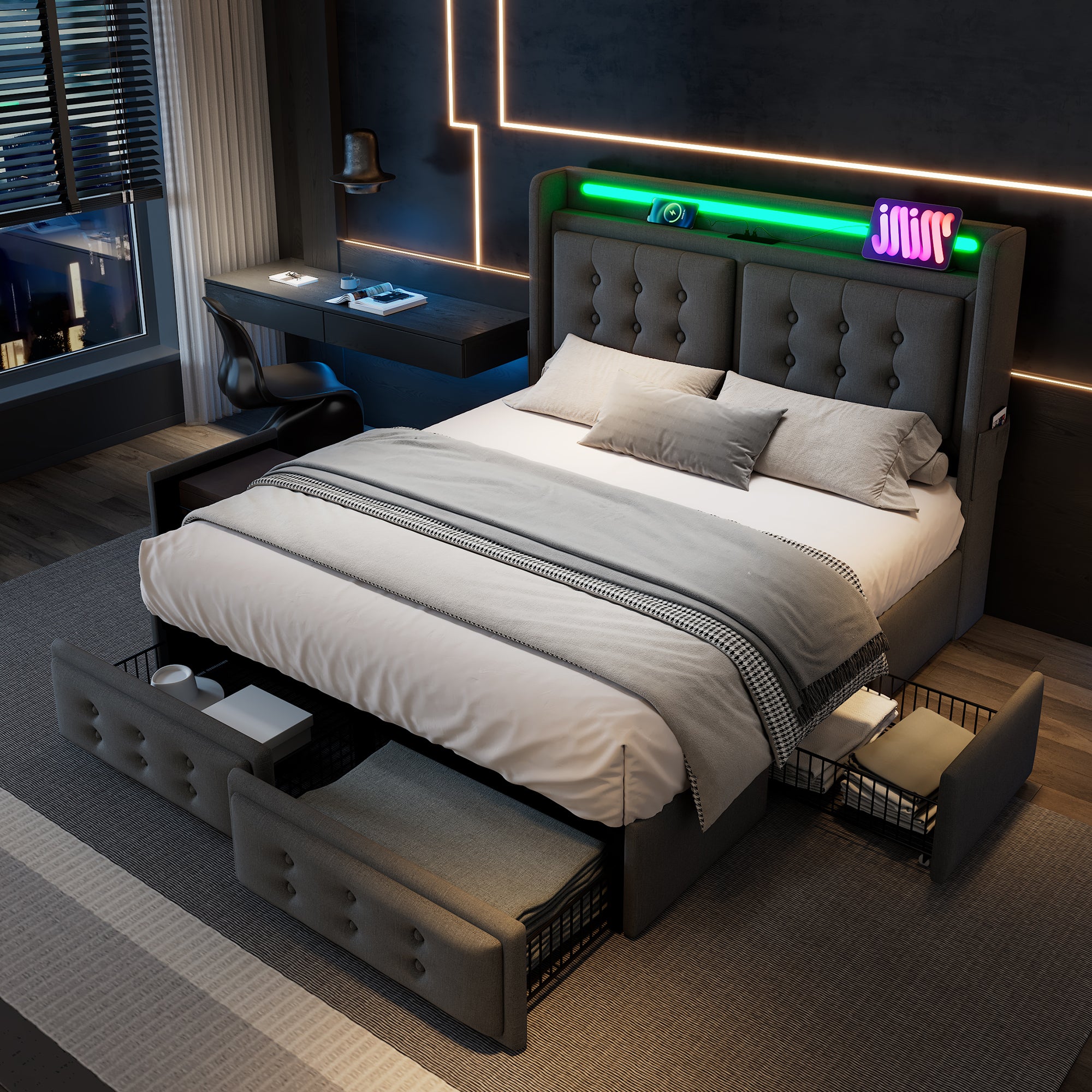 Lit avec tiroirs Lit adulte et ados 160 x 200 cm avec tête de lit LED ...