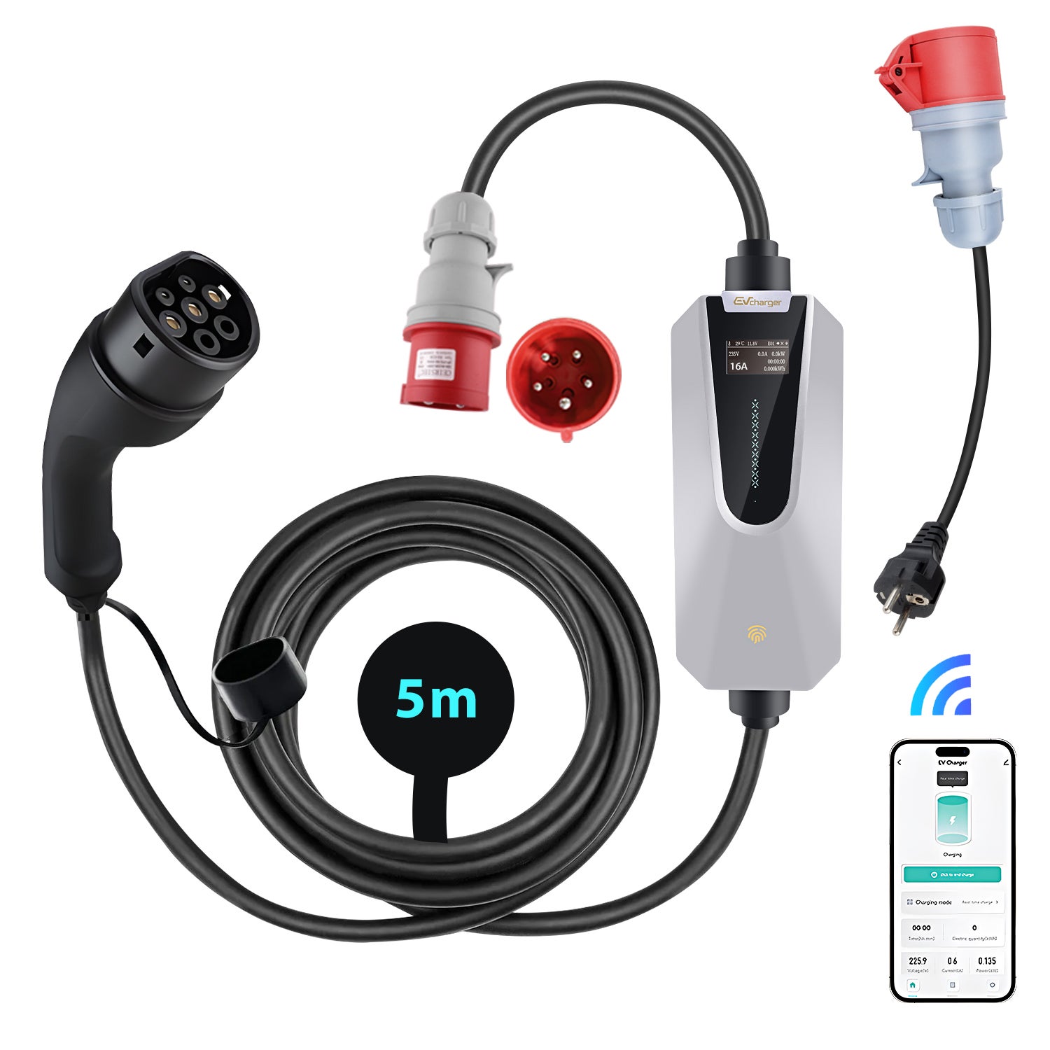 Chargeur mural mobile 11 kW, 5 m [triphasé 6-16 A] EV Chargeur portable ...