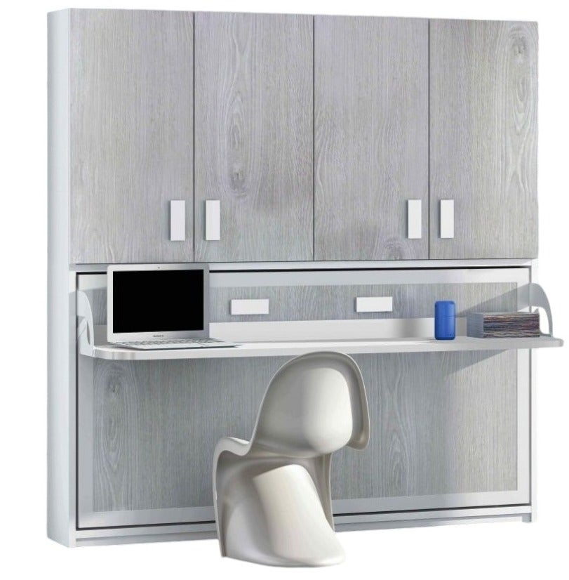 Lit escamotable 140x190 P 53cm chêne gris avec étagères et bureau Miko ...