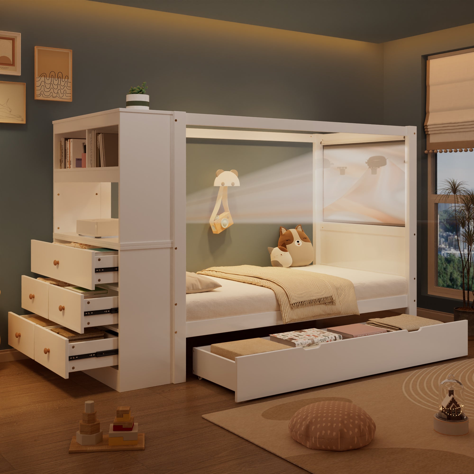 Lit simple enfant 90x200cm (pin+PB blanc+naturel) : barrières sécurité ...