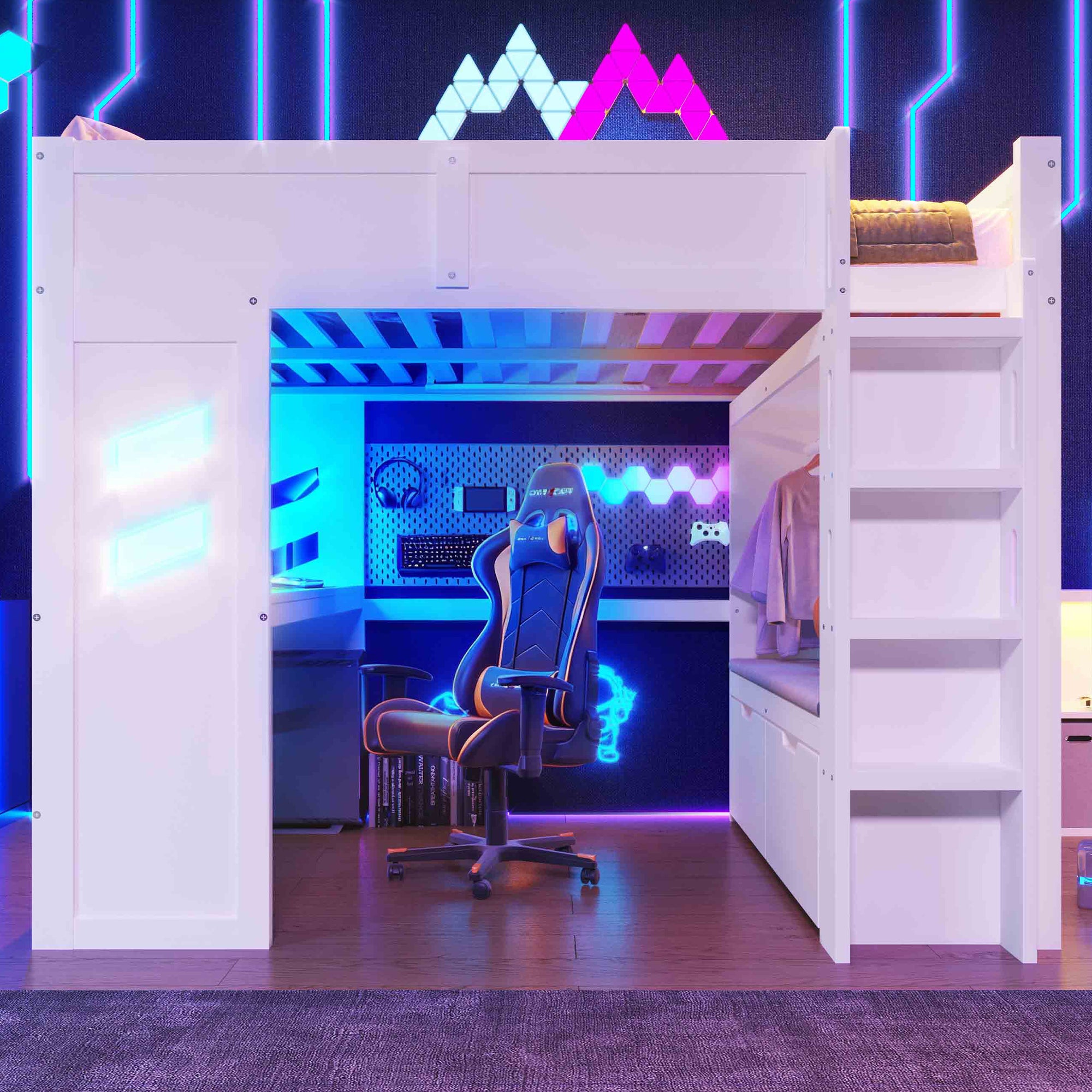 Lit mezzanine gaming 140x200 blanc avec LED, bureau, USB-C et séchoir ...