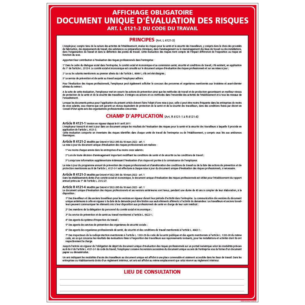 PANNEAU DOCUMENT UNIQUE D'EVALUATION DES RISQUES (A0333) 300 x 420 mm ...