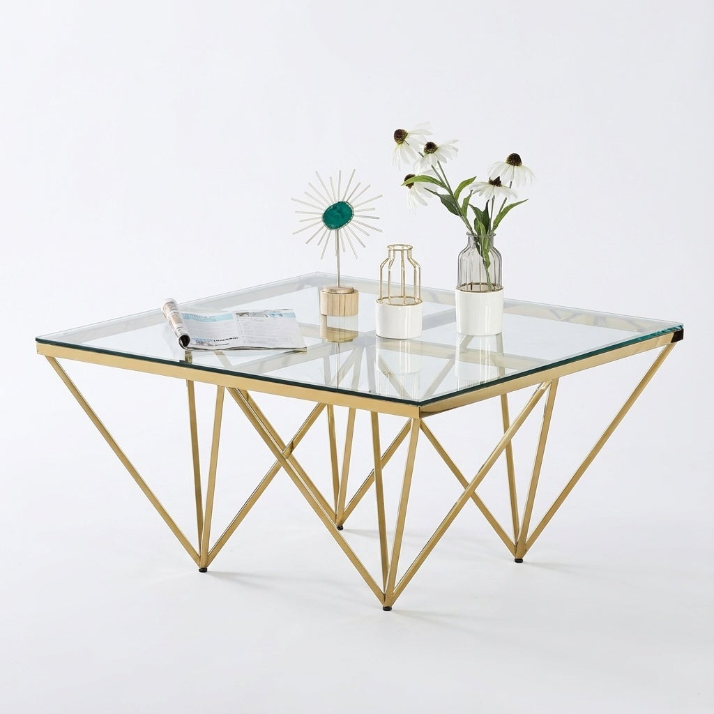 Table Basse Carrée GIZE Verre Trempé Transparent Pieds Gold 80x80x45cm ...