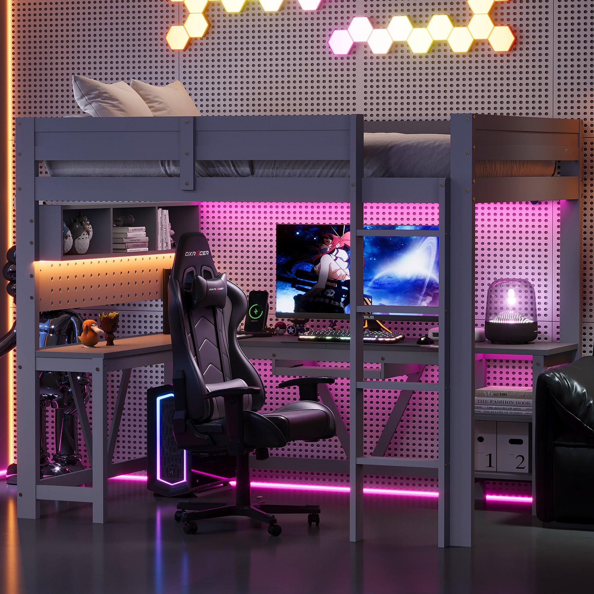 Lit mezzanine gamer 90x200 avec bureau et LED, Lit superposé Enfant ...