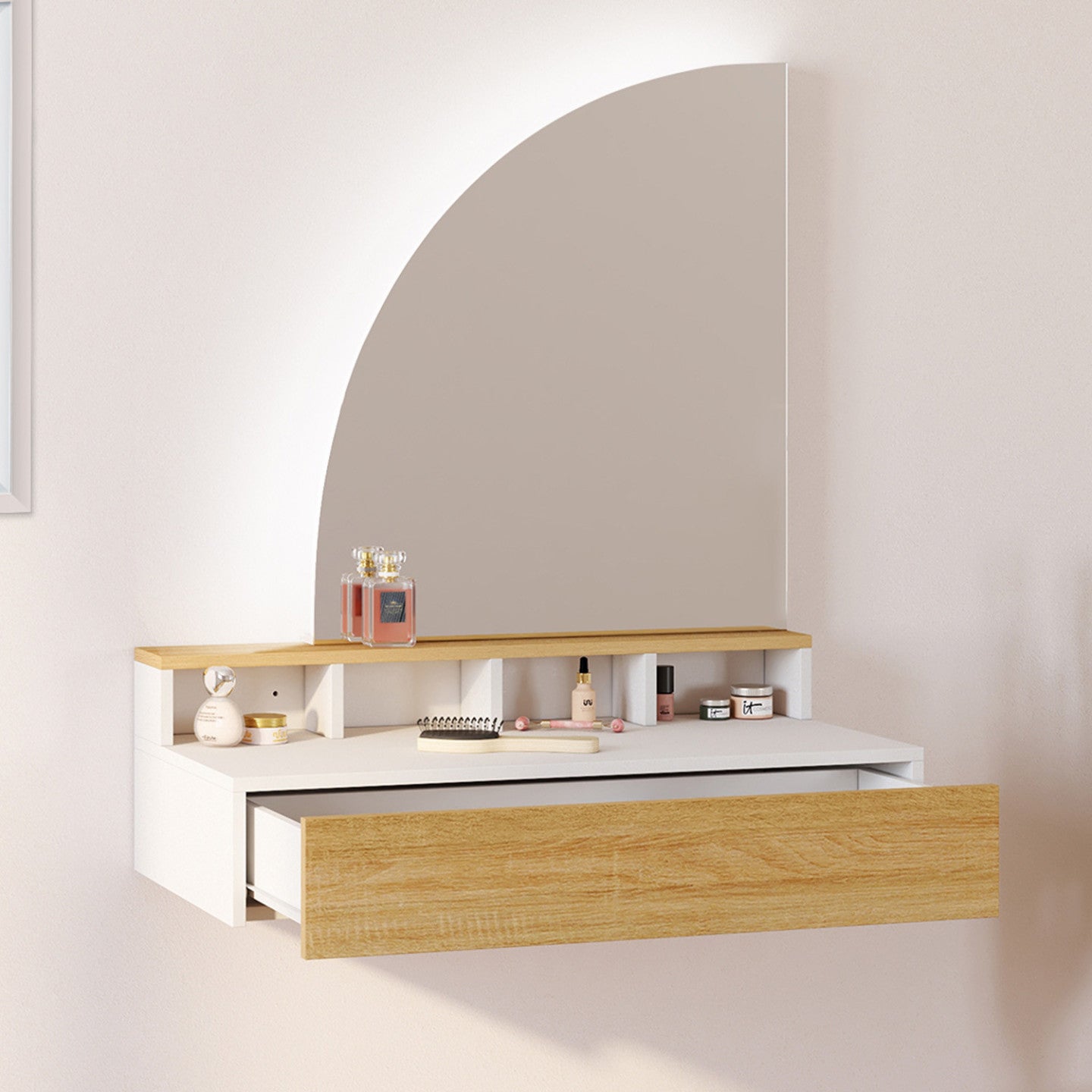 Coiffeuse suspendue ZELIA miroir LED avec 4 niches, 1 tiroir bois et ...