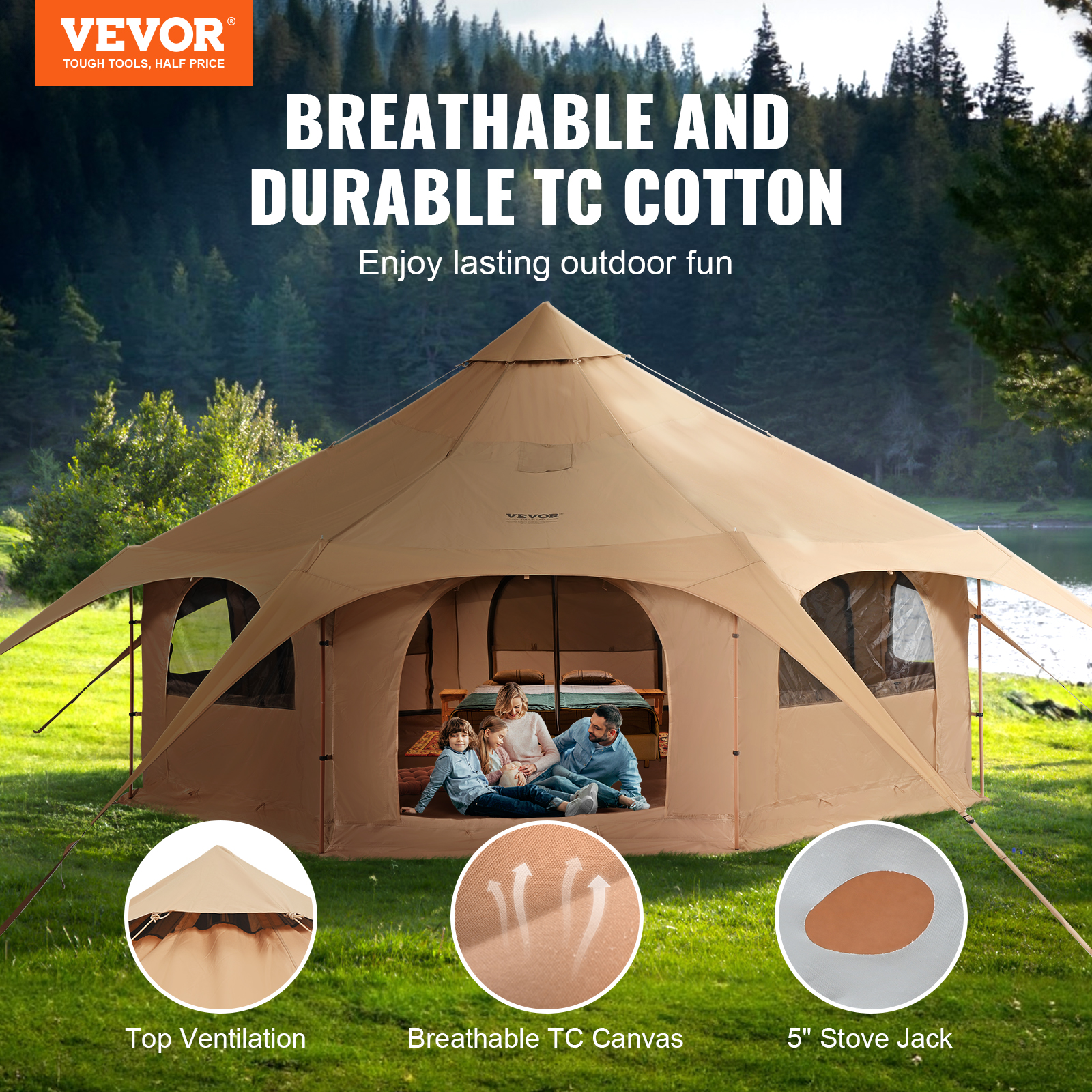 VEVOR Tente Cloche en Toile 5 m Tente de Yourte 4 Saisons Tente de Camping Familial avec Trou de Poele a Bois et Sacs Rangement pour Glamping Jusqu a Leroy Merlin