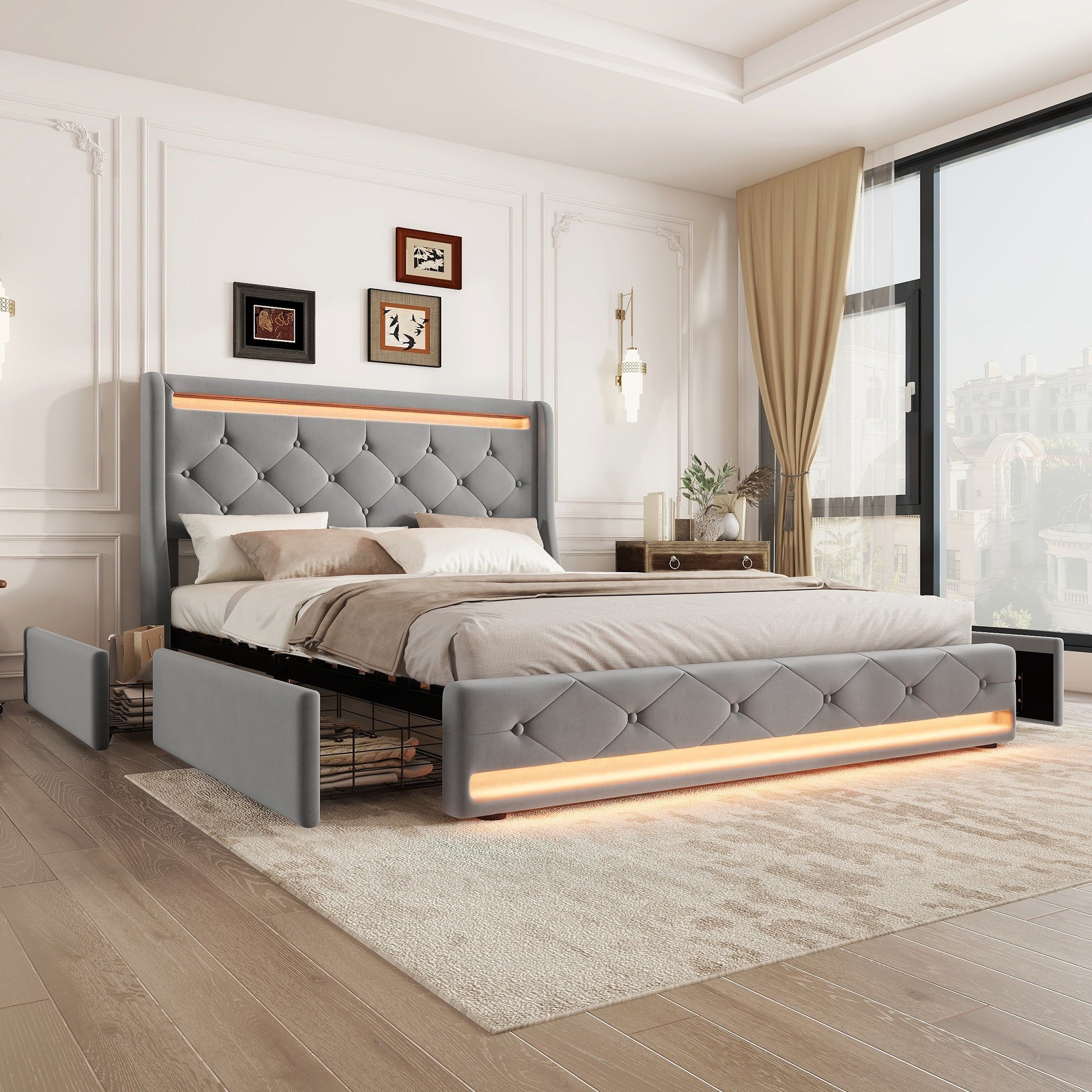 Lit capitonné 140 x 200 cm avec 4 tiroirs et tête de lit rembourré ...