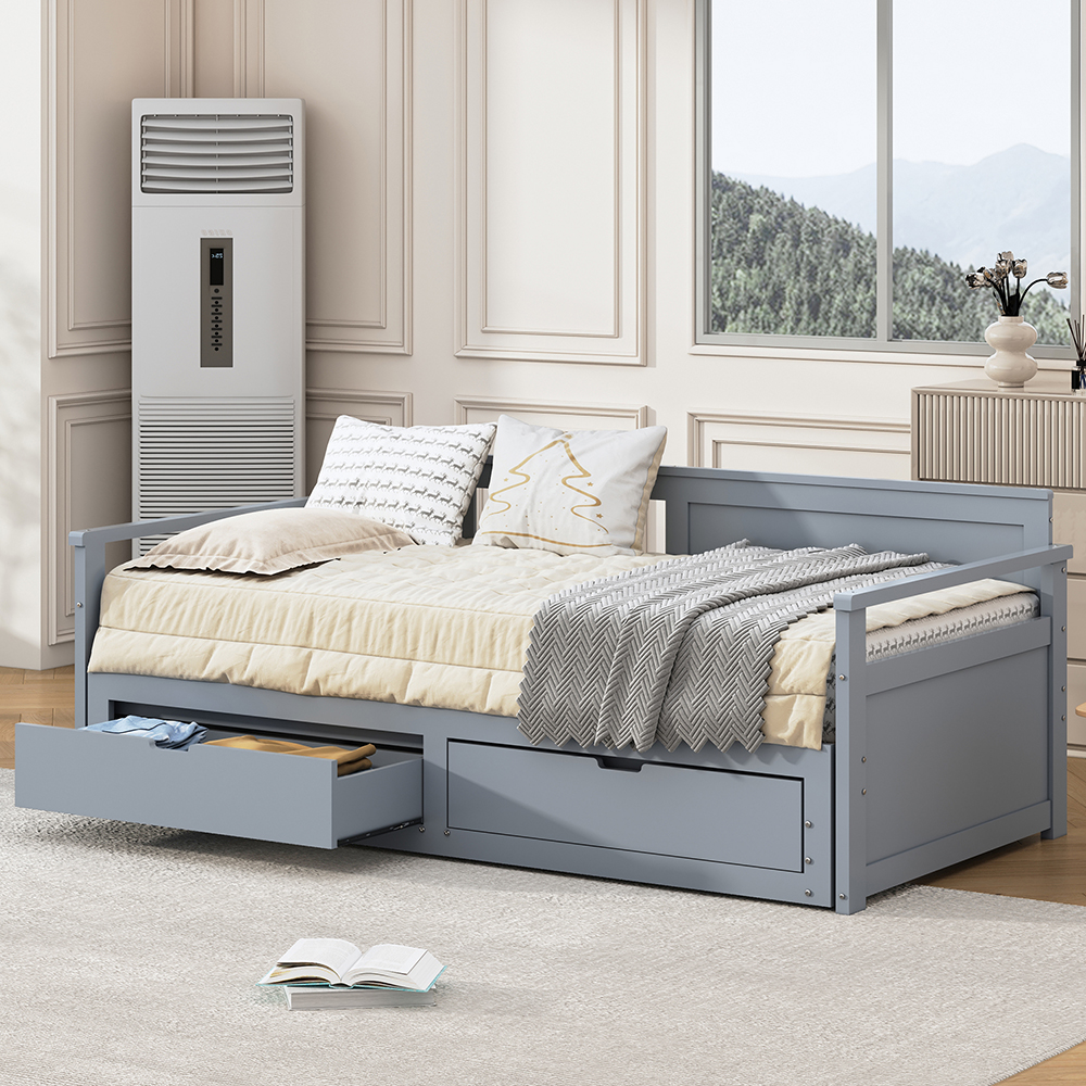 Lit gigogne multifonctionnel 2 en 1 90 (180) x 190, avec lit en pin, tiroirs , Gris | Leroy Merlin