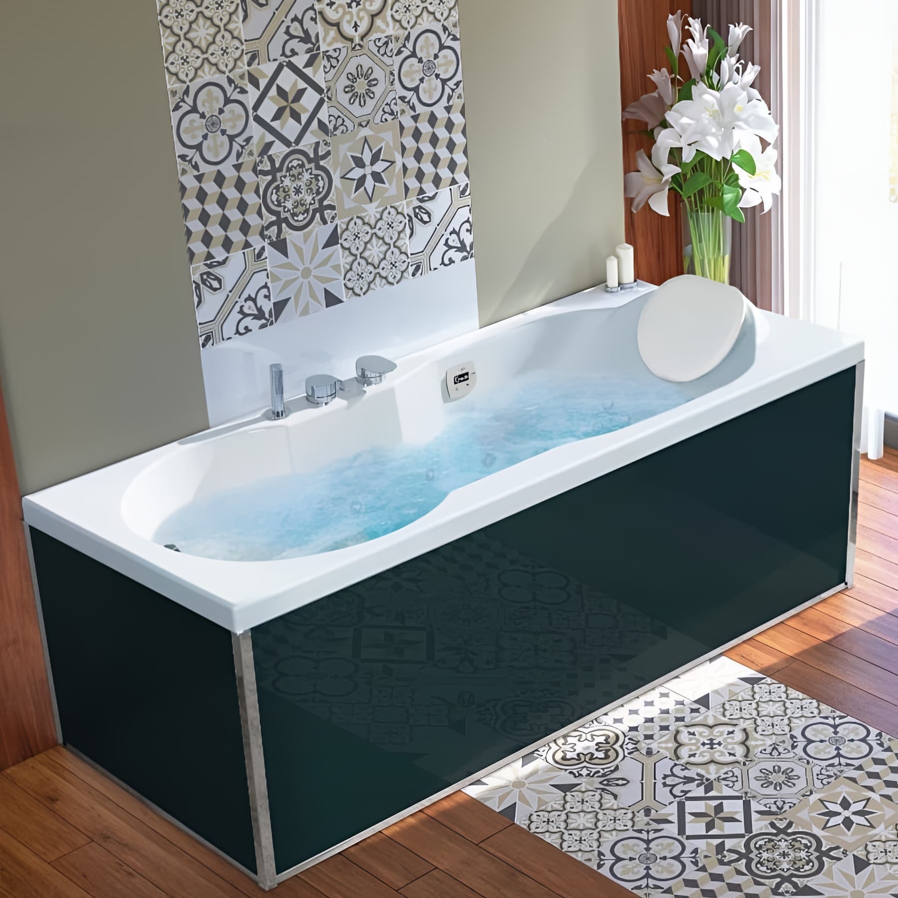 Delantal de bañera de cristal negro 180 compatible con todas las bañeras rectangulares KINEDO ...