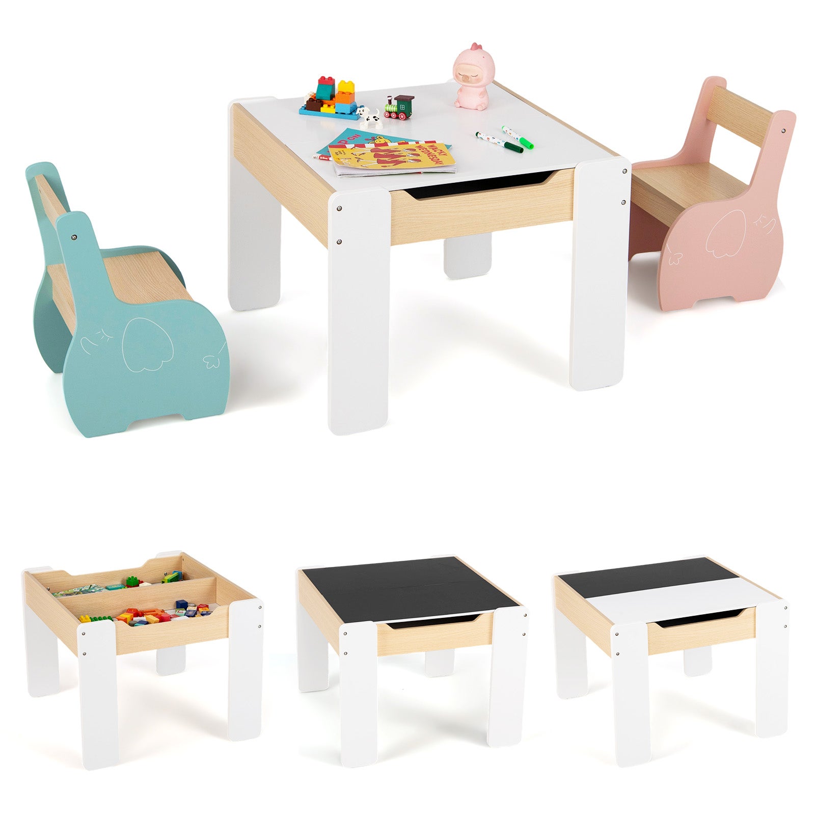4 en 1 Table Enfants avec 2 Chaises en Forme d'Eléphant, Table et ...