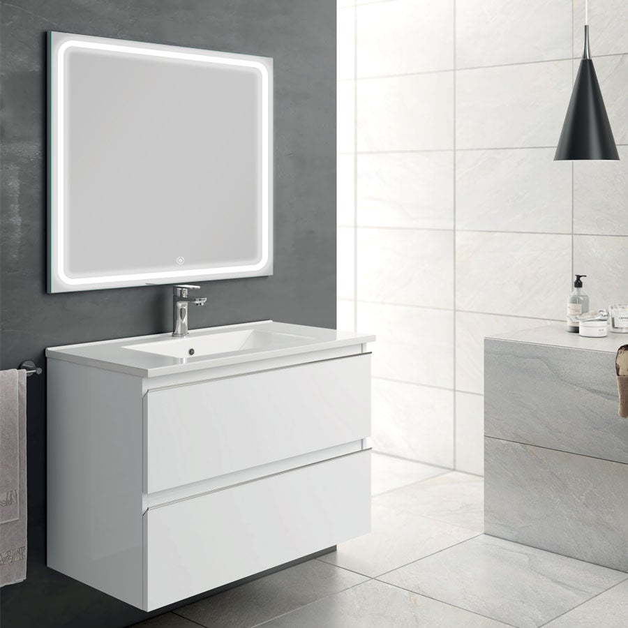 Meuble de salle de bain simple vasque - 2 tiroirs - BALEA et miroir Led VELDI - blanc - 100cm ...
