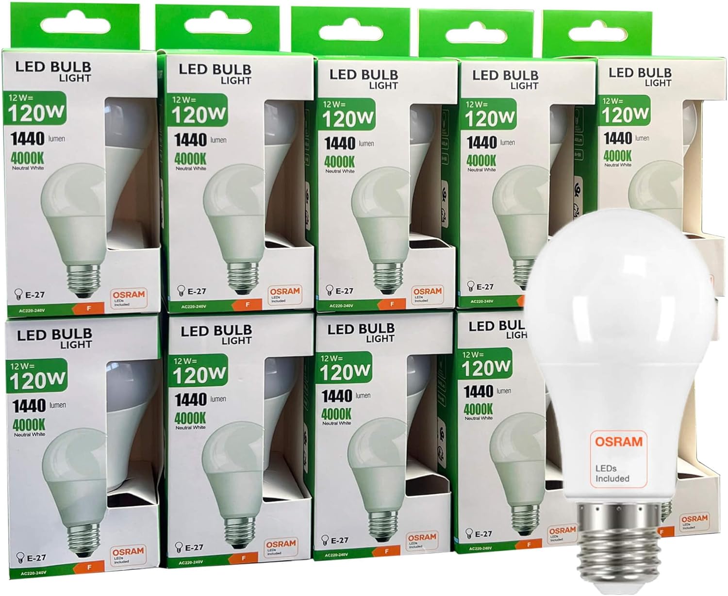 Lot 10 Ampoules Led E27 12W 1200Lm Osram Chip, A60, 220V, angle 180º ...
