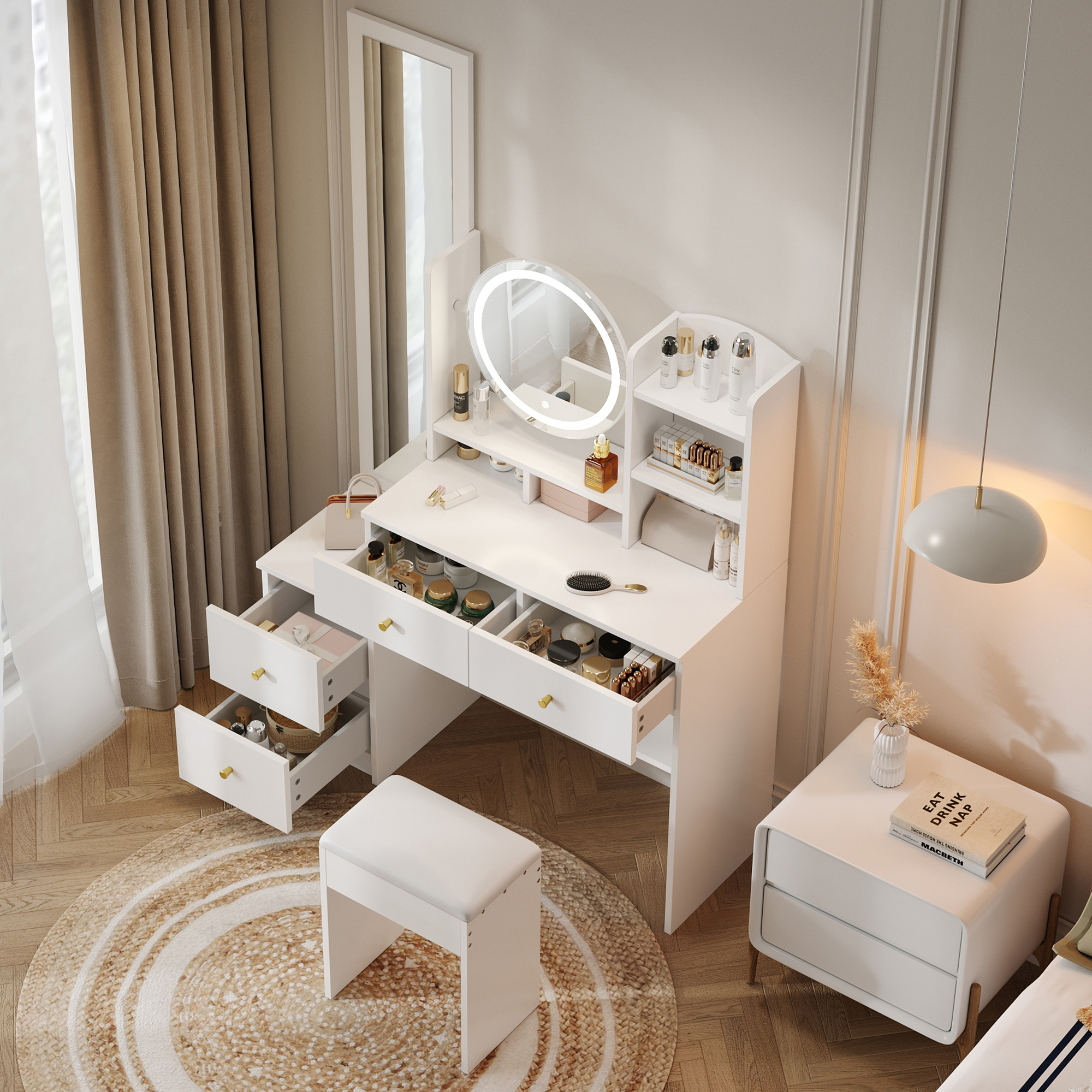 Coiffeuse avec miroir - avec tabouret - avec éclairage LED - avec ...