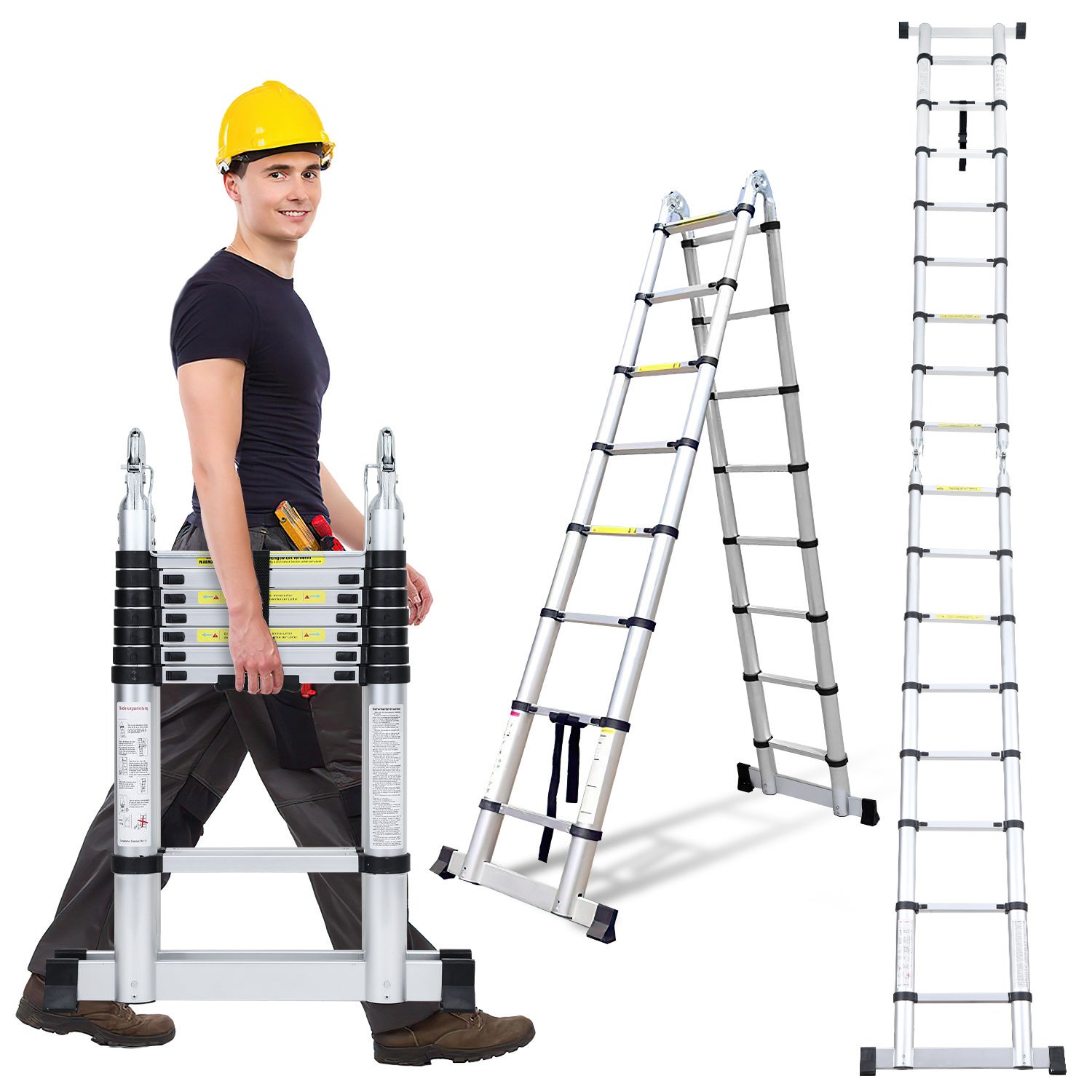 Escalera telescópica Premium de 5 m, color plata, antideslizante ...