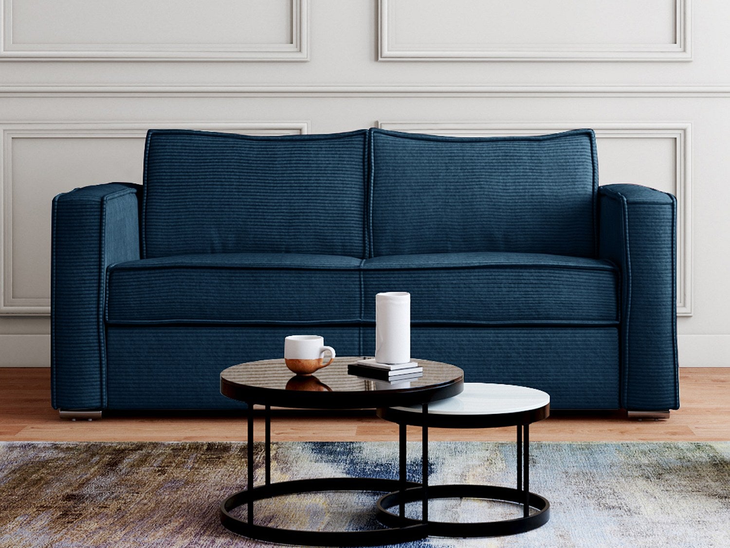 Sofá cama de 4 plazas con apertura italiana de pana azul - Somier de ...