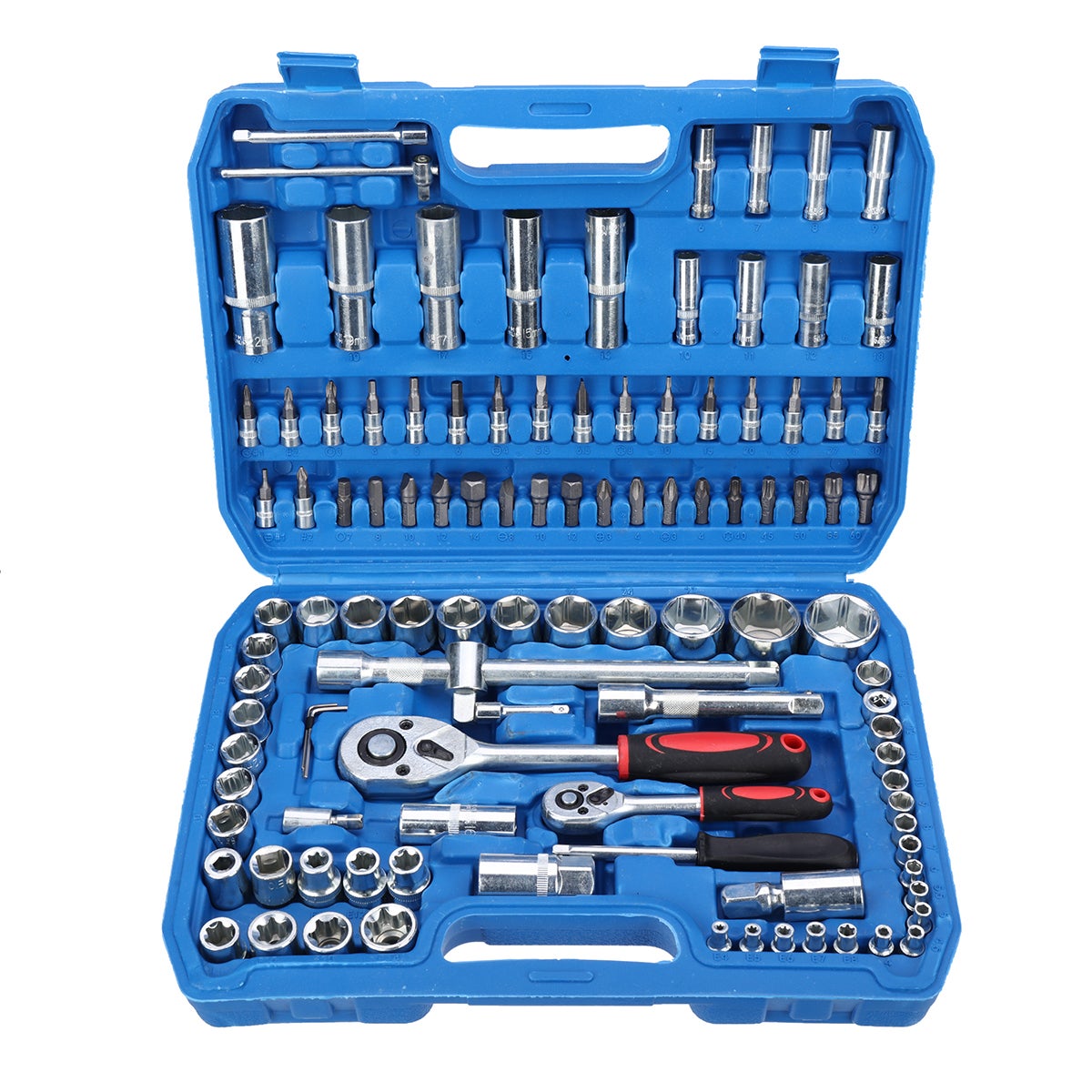 Juego de 108 vasos y puntas con llaves de trinquete de 1/2" y 1/4", práctico estuche | Leroy Merlin