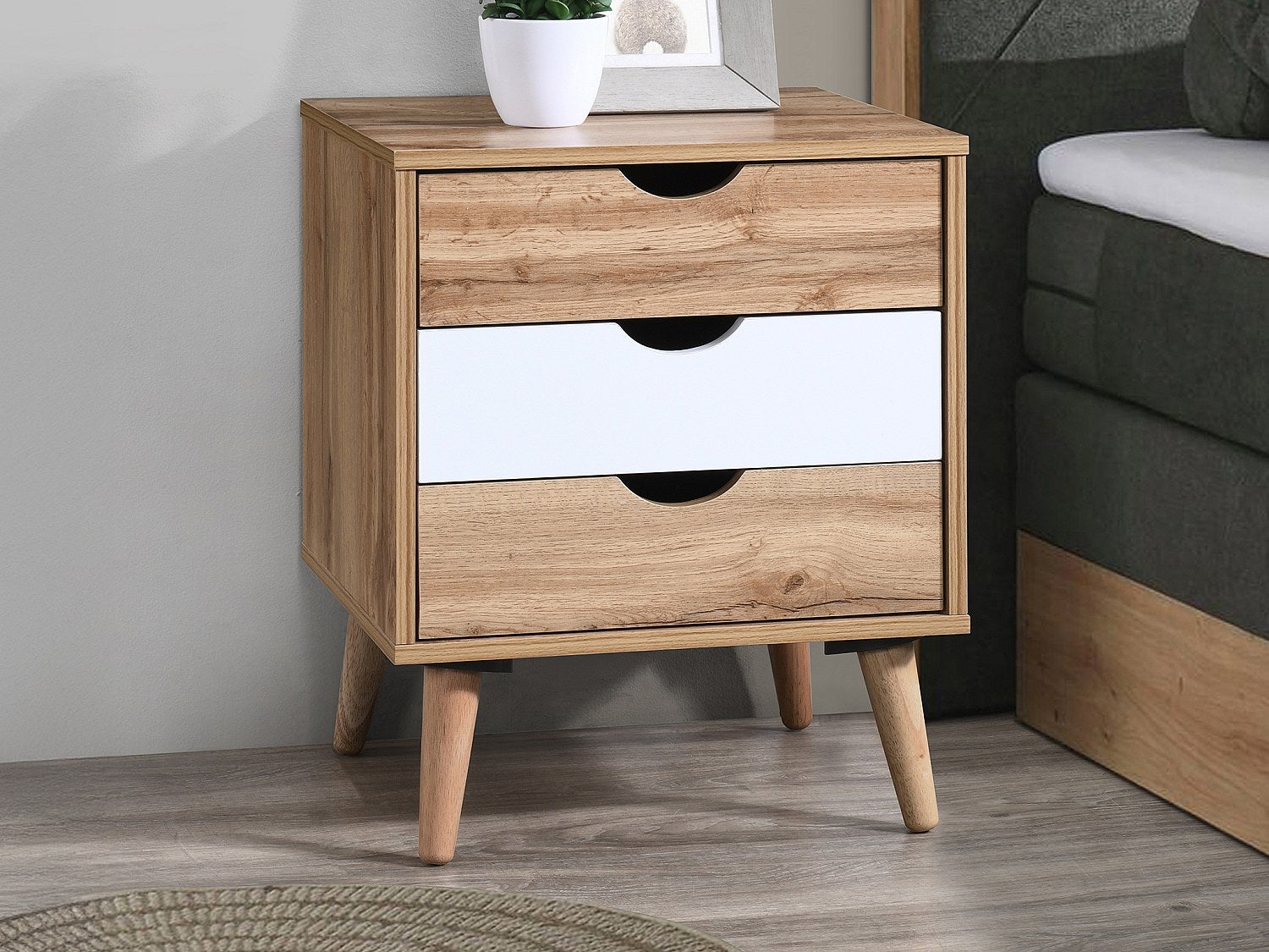 Conjunto de 2 mesitas de noche con 3 cajones - Color: natural y blanco ...