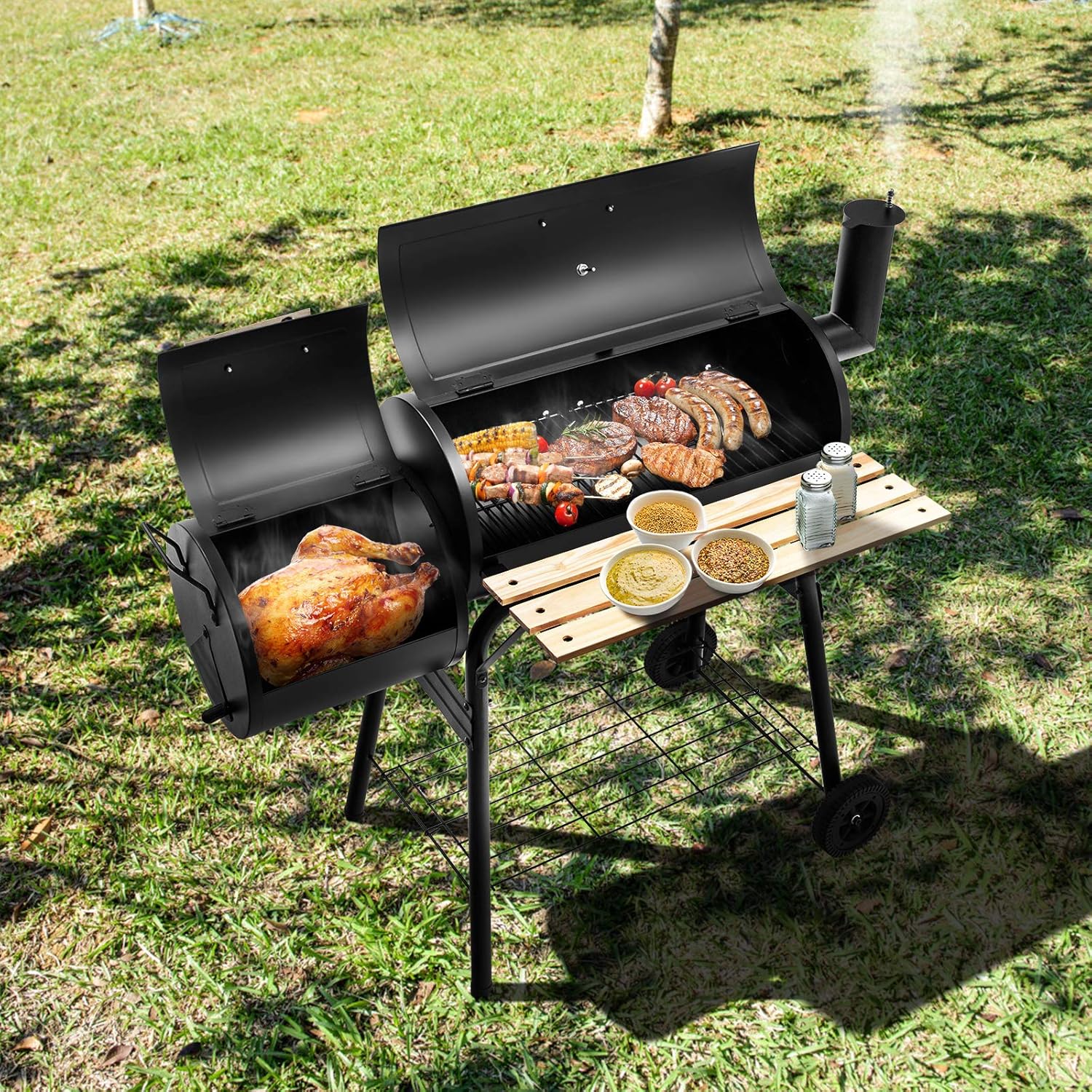 Barbacoa Carbon, Parrilla de Carbón con 2 Estantes 2 Ruedas y ...