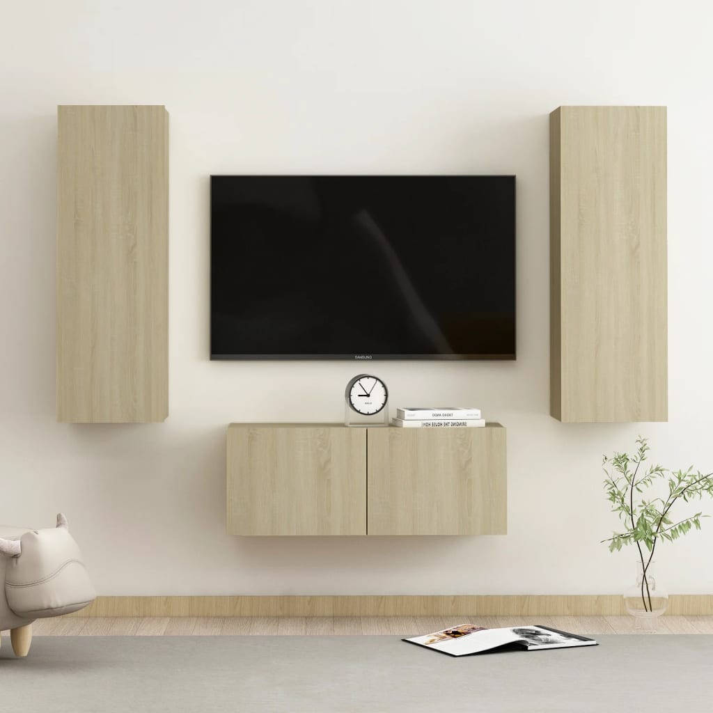 Muebles de pared de TV 3 pzas aglomerado color roble Sonoma | Leroy Merlin