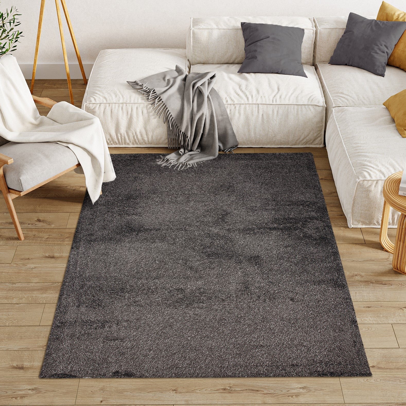 TAPISO Evra Tapis Salon Chambre Gris Foncé Unicolore Shaggy Poils Longs 200x300 | Leroy Merlin
