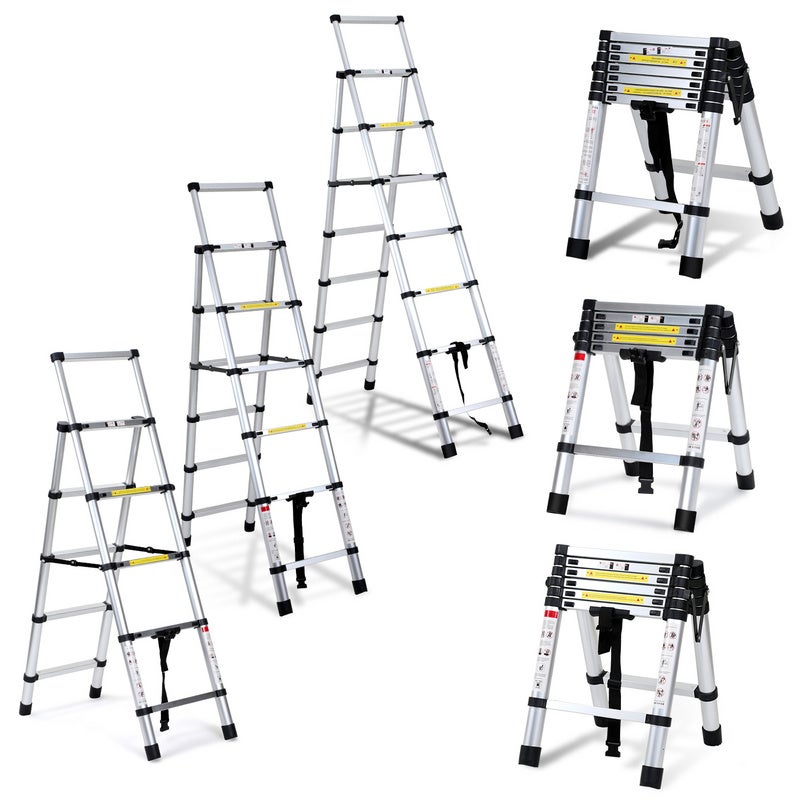 Escalera telescópica 2,0 m + 2,3 m escalera de aluminio plateada ...