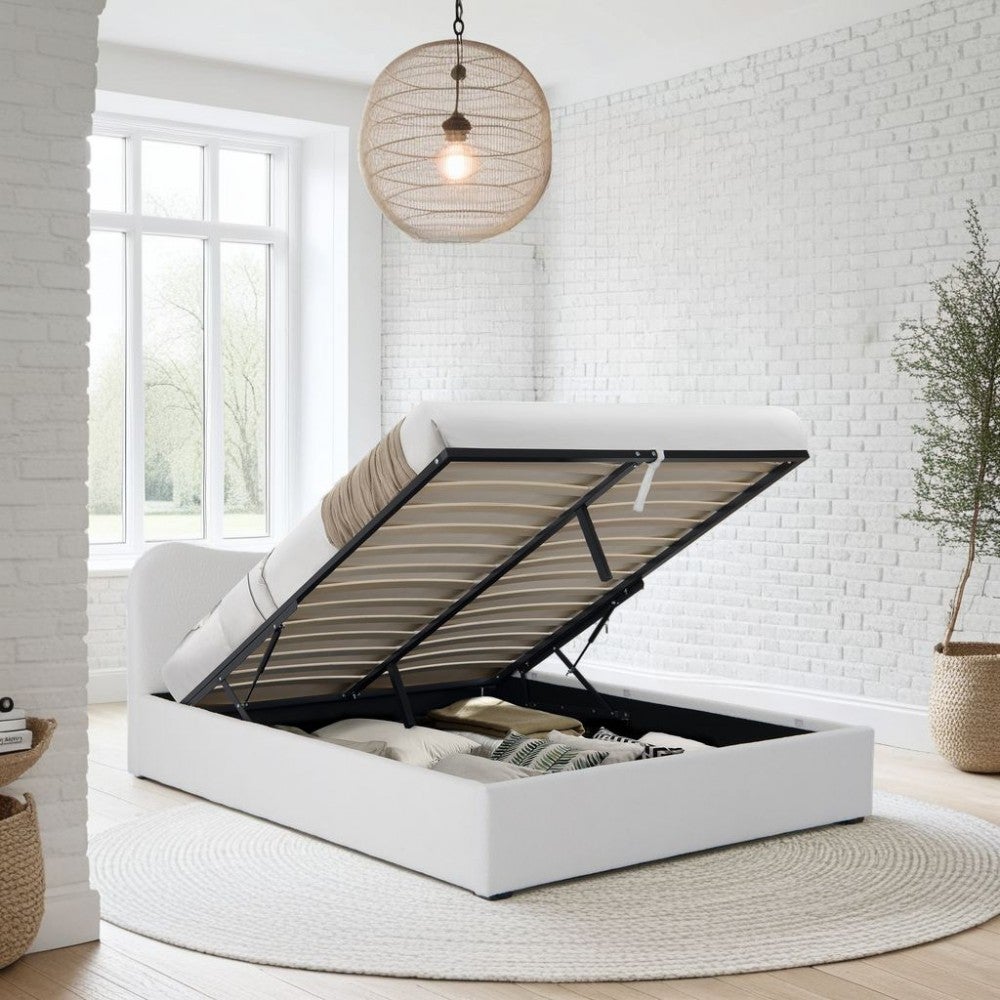 LIT COFFRE 140x190 CM COCOON+ SOMMIER / Tissu Bouclette Blanc | Leroy ...