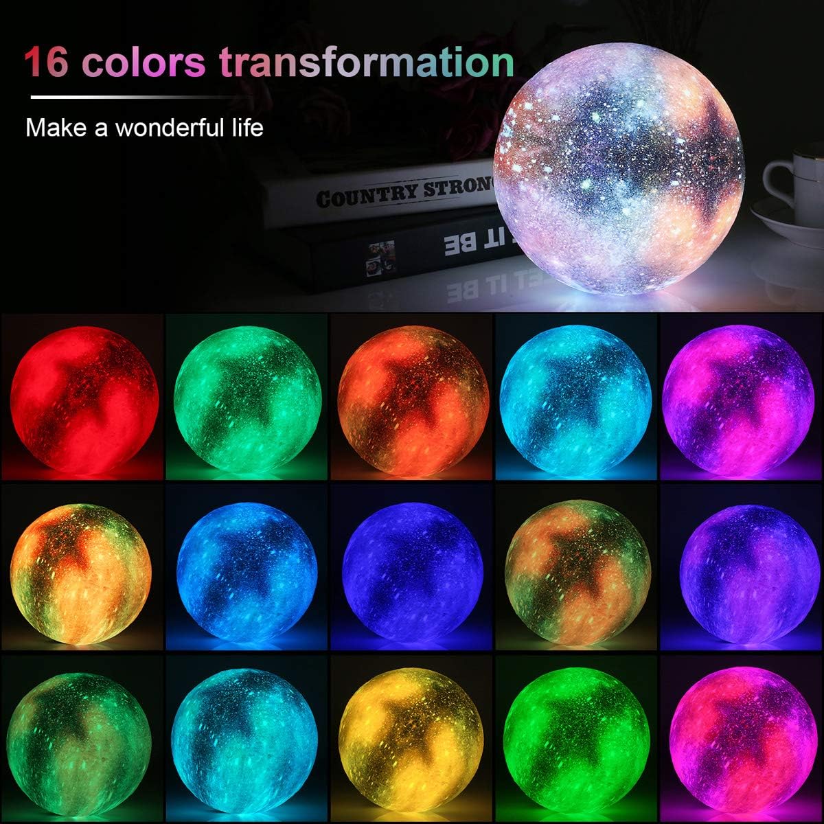 Lámpara de luna 3D con luz nocturna LED decorativa, 16 colores con ...