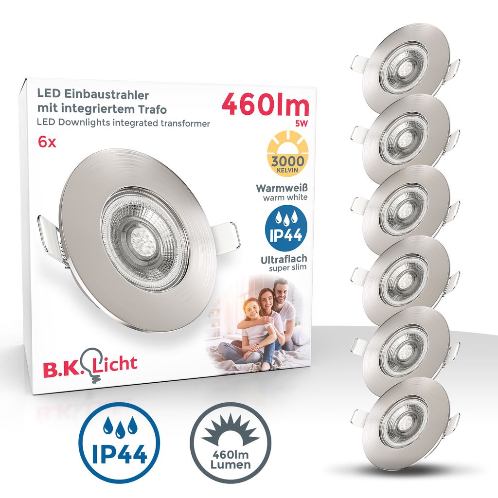 B.K.Licht Lot de 6 spots LED encastrables IP44 4,9W 480lm Ø90mm, 3000K blanc chaud, ultra plats ...