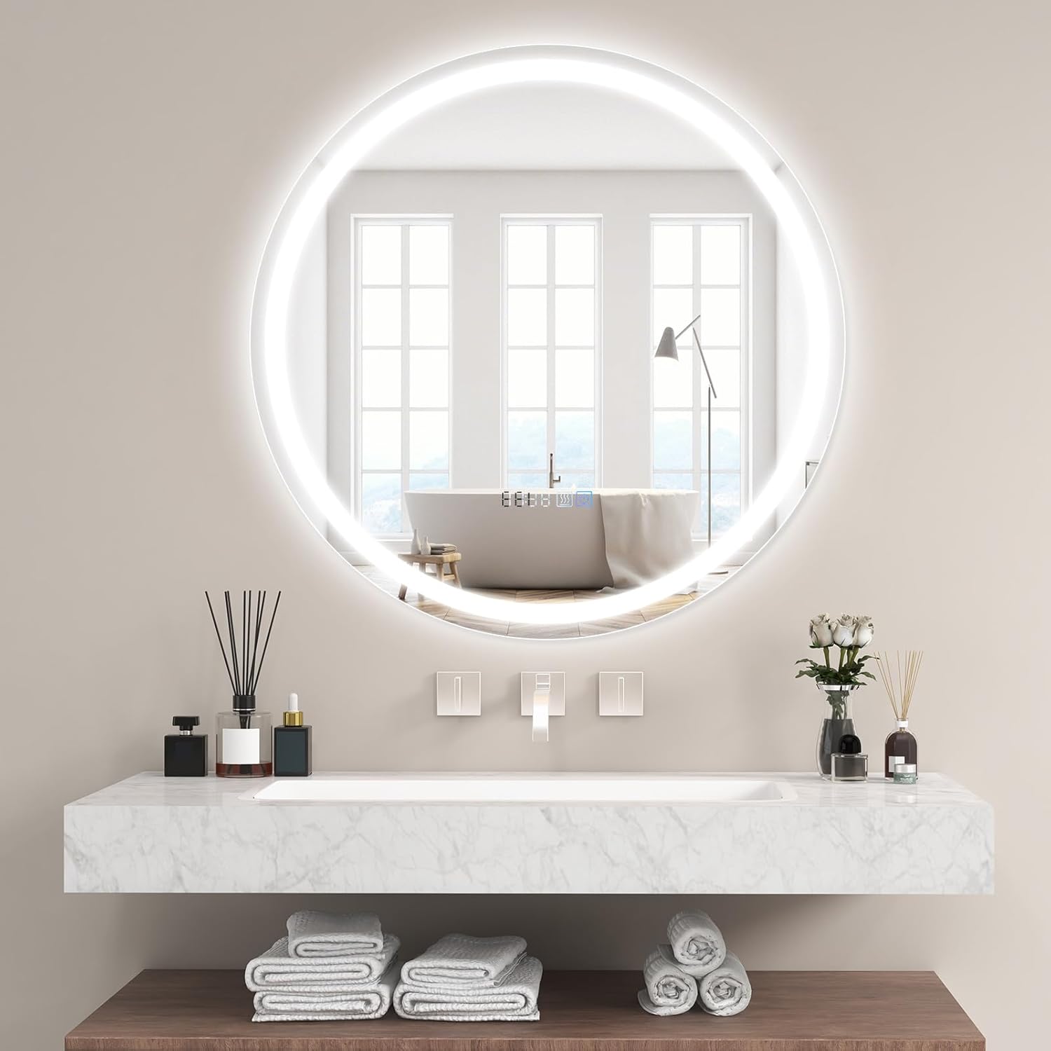 Miroir Rond Salle de Bain Anti-Buée Ø60cm, 3000-6000K, Luminosité ...