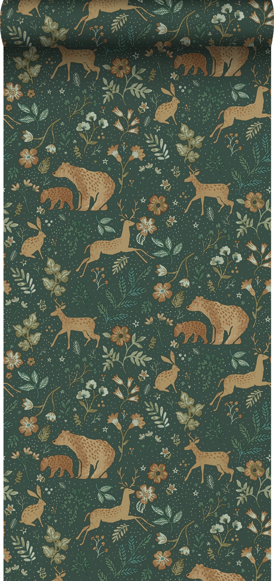 Papier Peint intissé forêt avec des animaux de la forêt vert foncé et ...