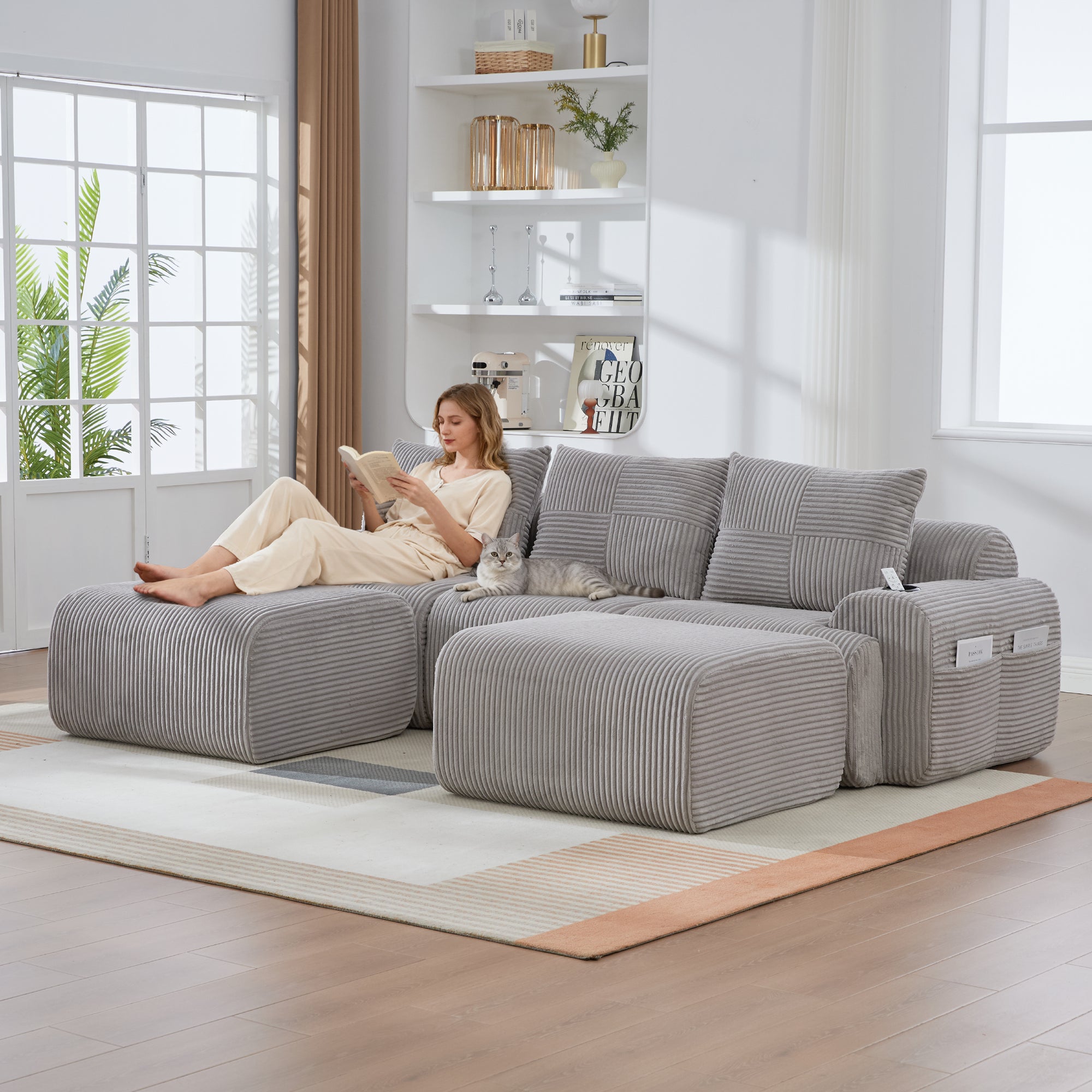 Canapé modulable velours côtelé 3 places avec 2 poufs, librement ...