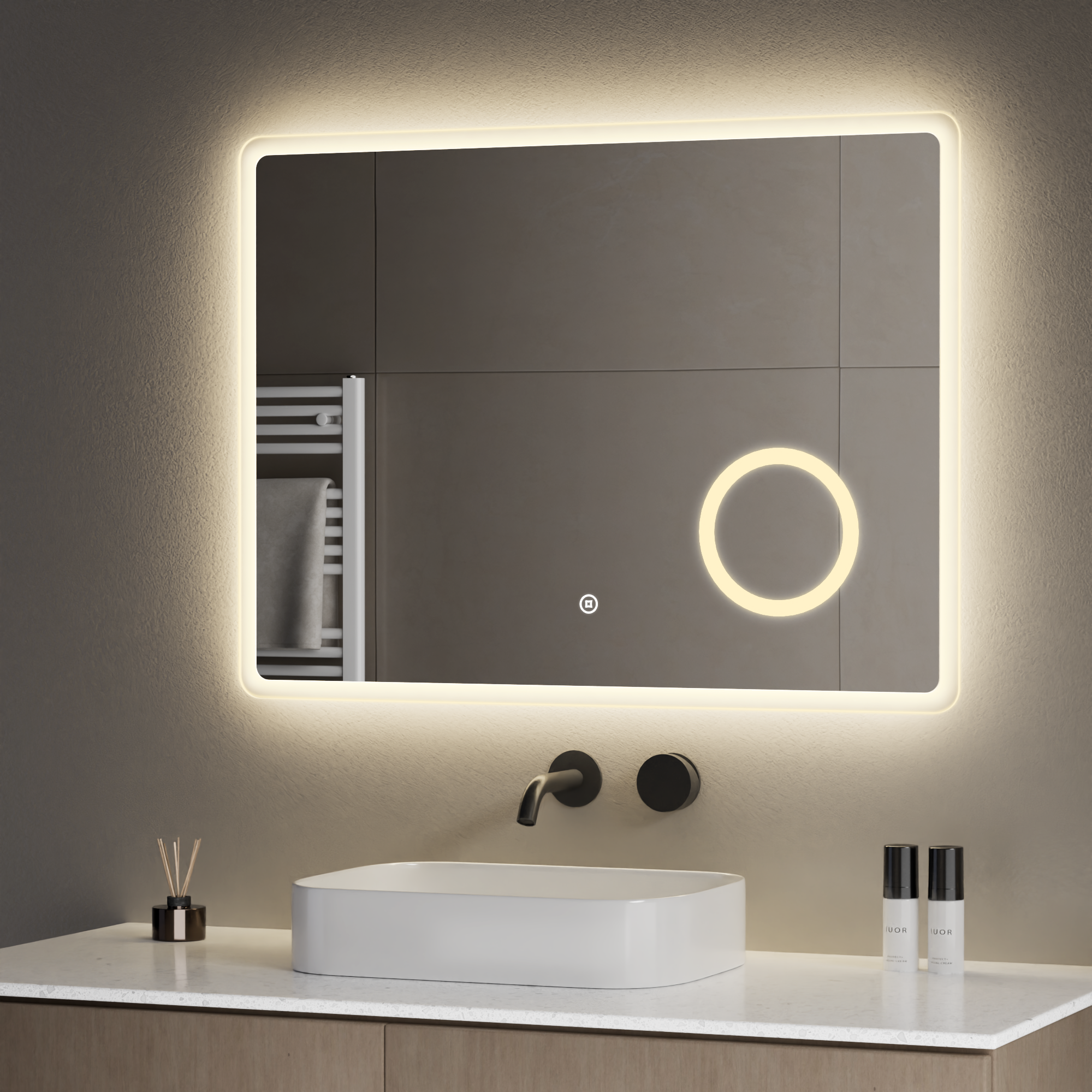 S'AFIELINA Espejo de baño LED con iluminación de 3 aumentos 80 x 60 cm con interruptor táctil ...