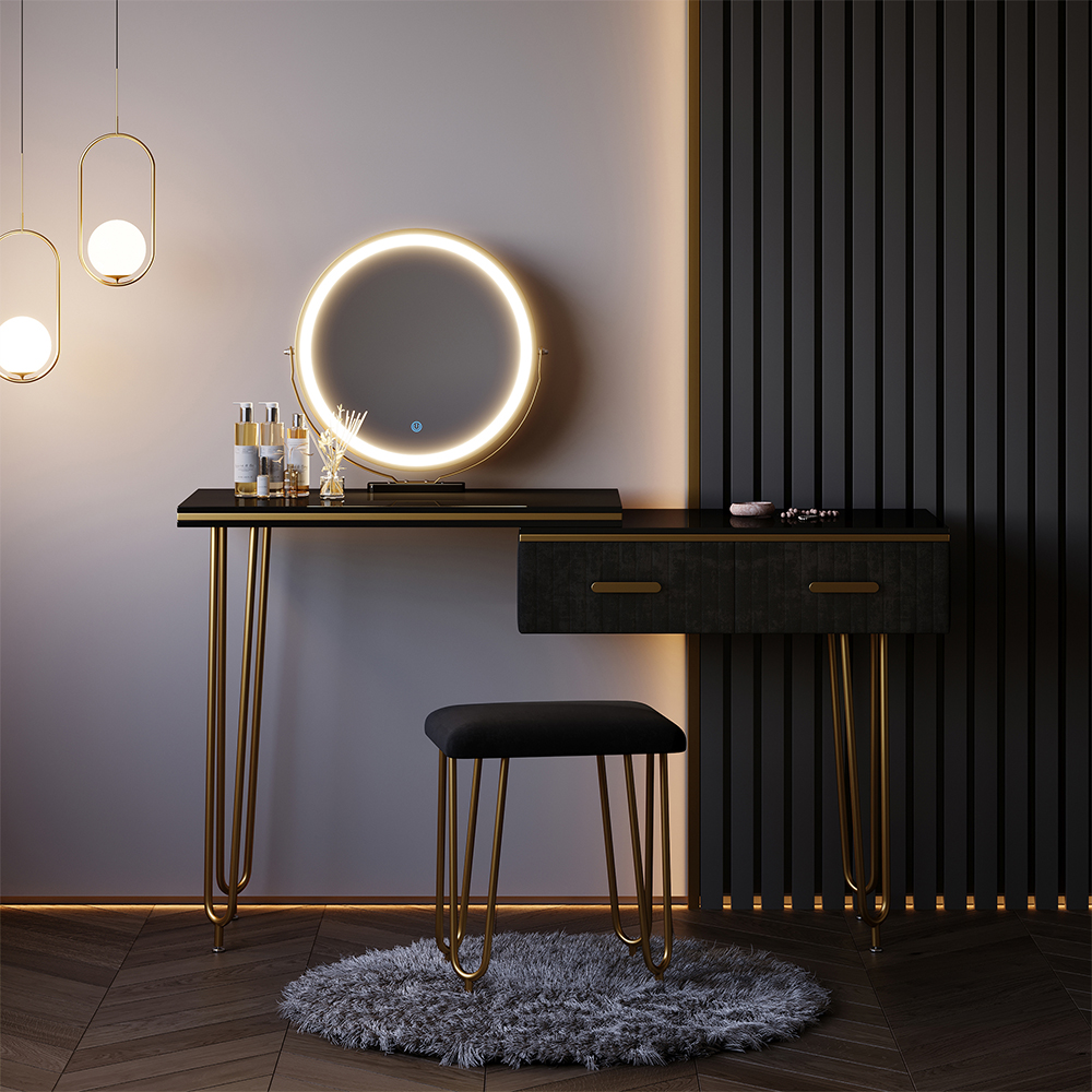 Vicco coiffeuse Zoey, Noir Haute brillance, 120 cm avec miroir LED et ...