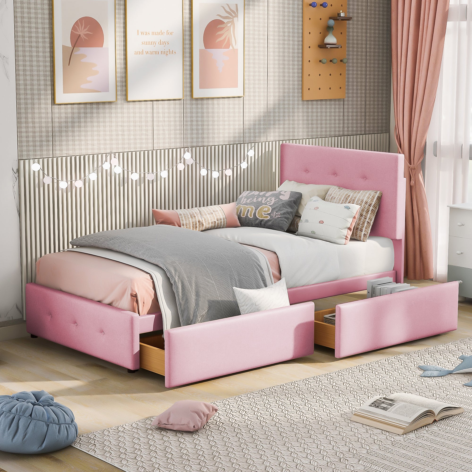 Lit enfant 90 x 200 cm avec tête de lit et 2 tiroirs - Velours - Rose ...