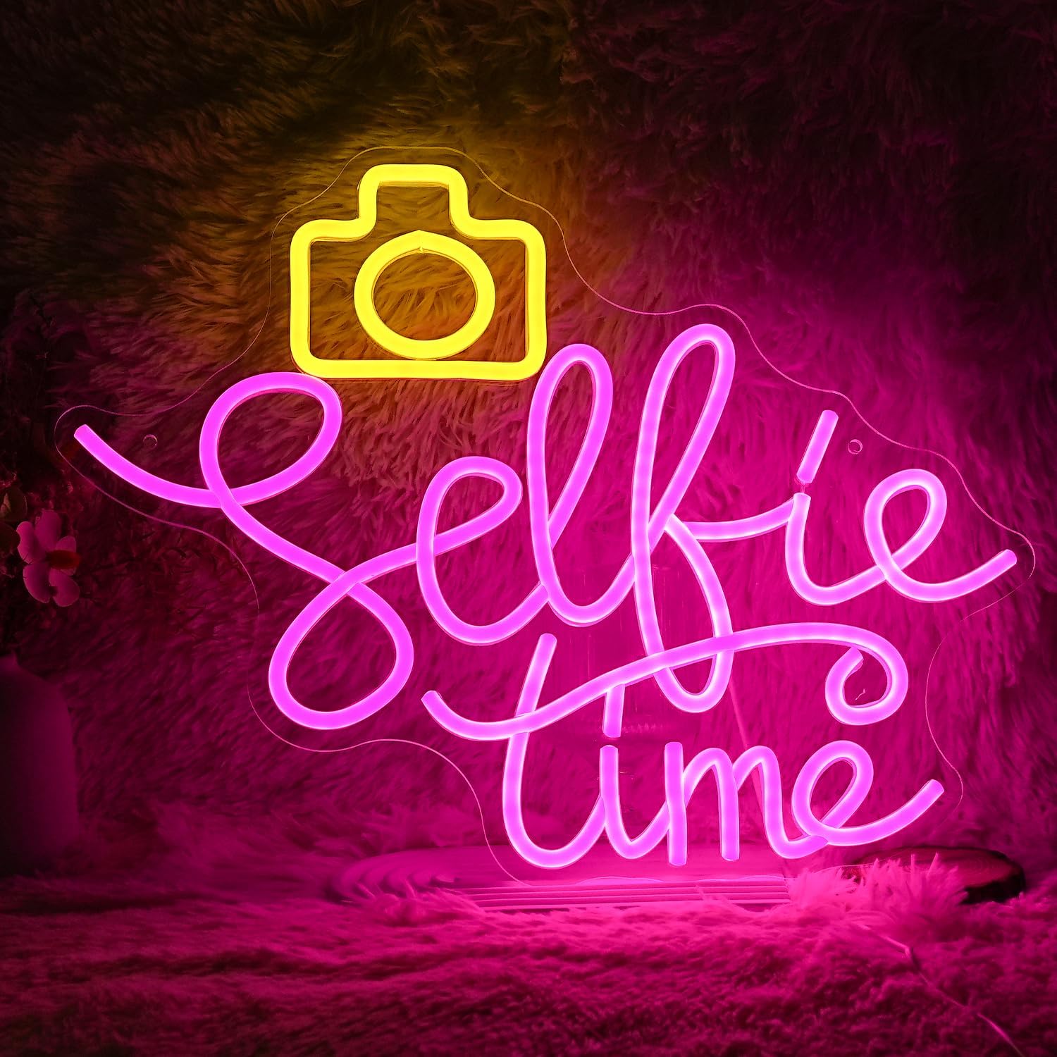 Enseigne néon « Selfie Time », appareil photo LED jaune et néon rose ...