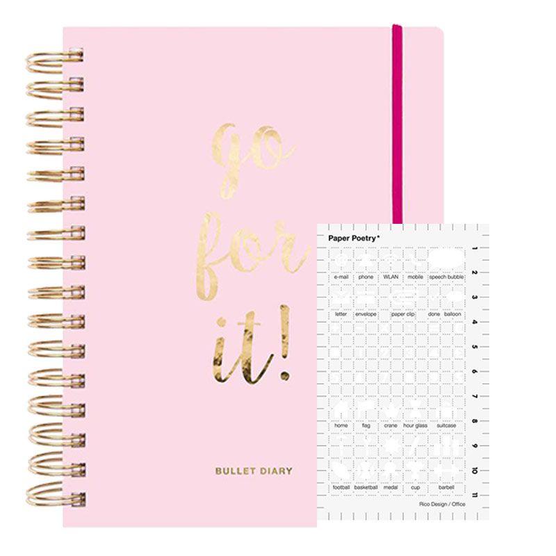 Agenda Bullet journal rose à spirales 96 feuilles + Pochoir icônes ...