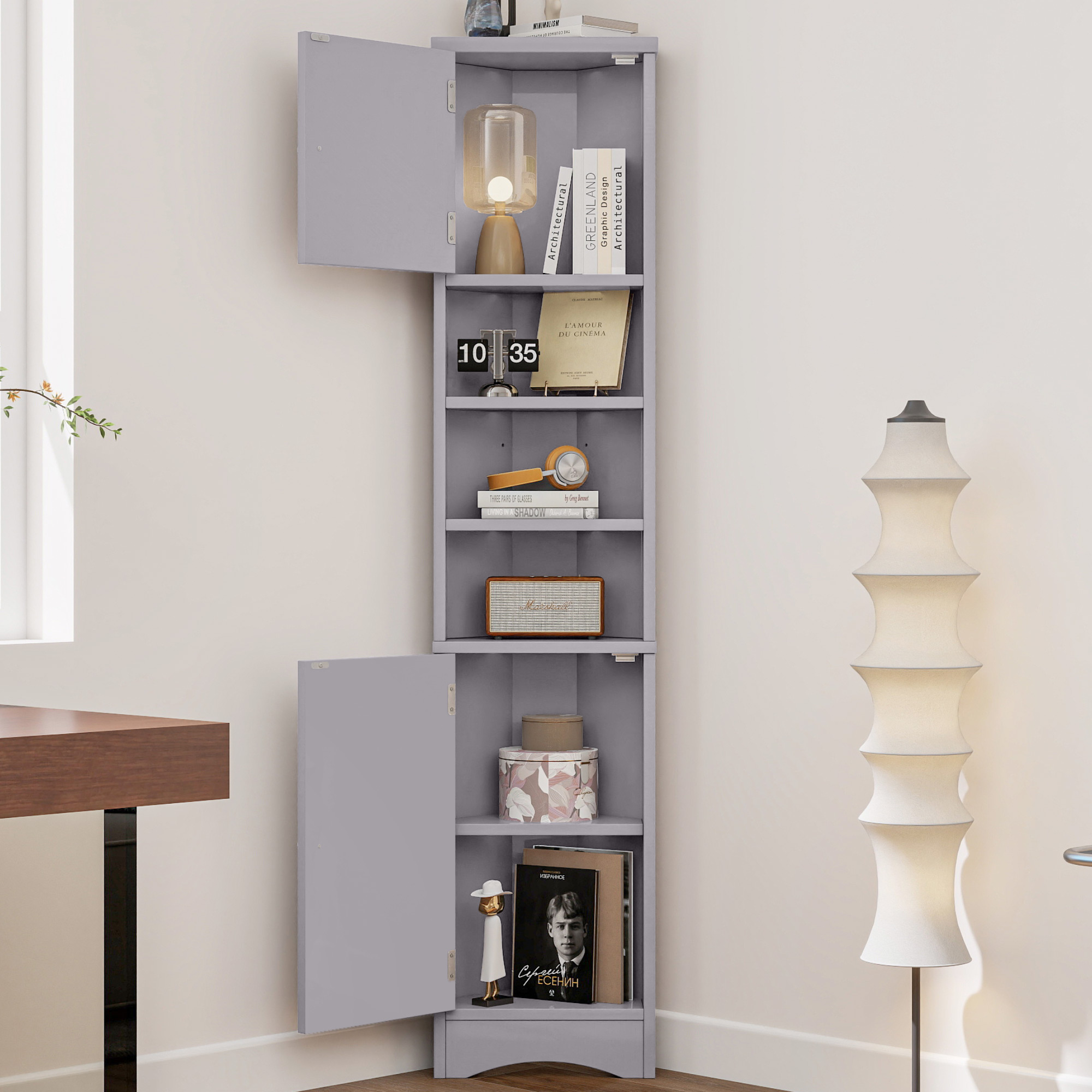 Szafka łazienkowa z 4 drzwiami i 2 otwartymi półkami - 36,5 x 24,5 x 170 cm - MDF - Szara ...