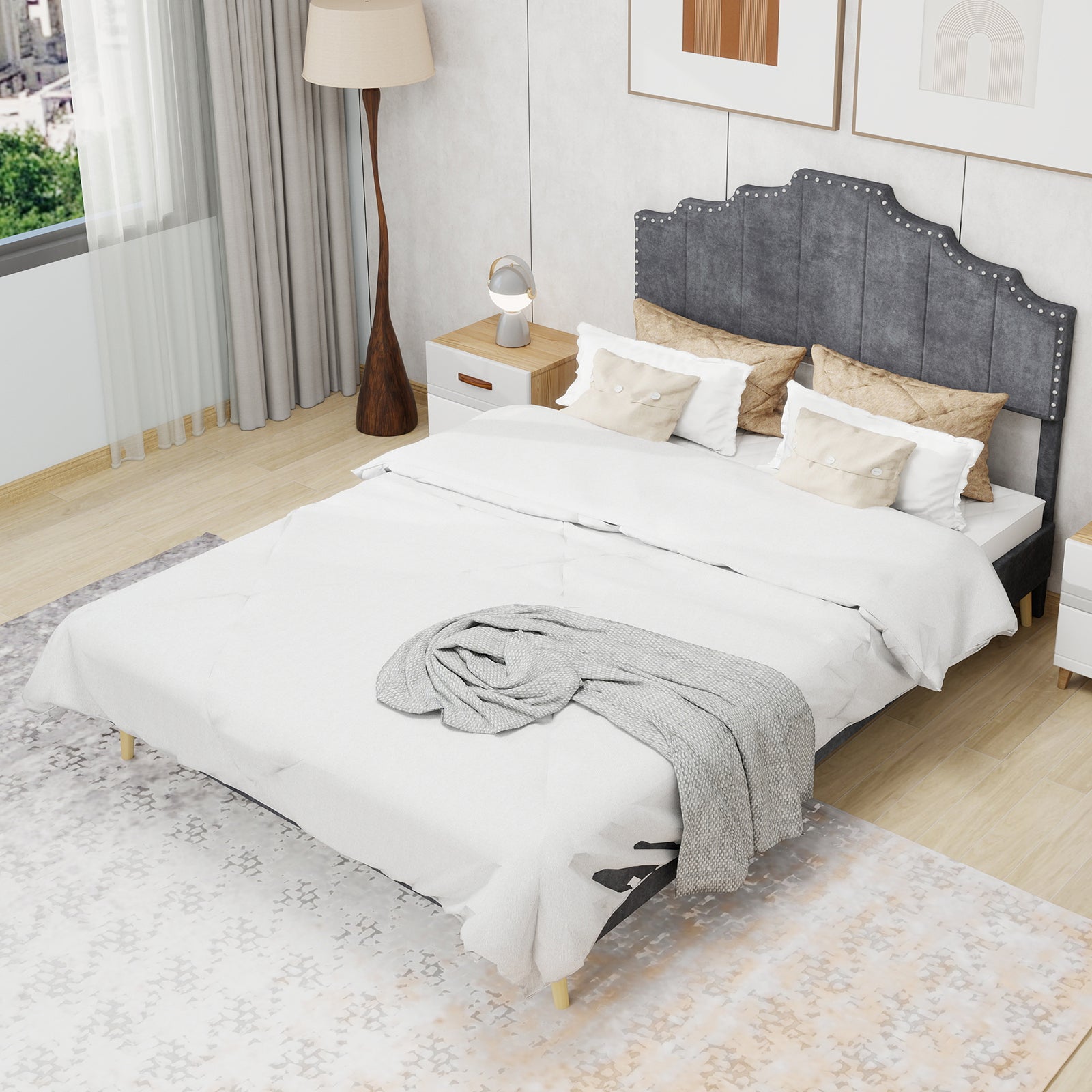 Lit moderne minimaliste et souple 160×200 cm (gris) : tête de lit ...