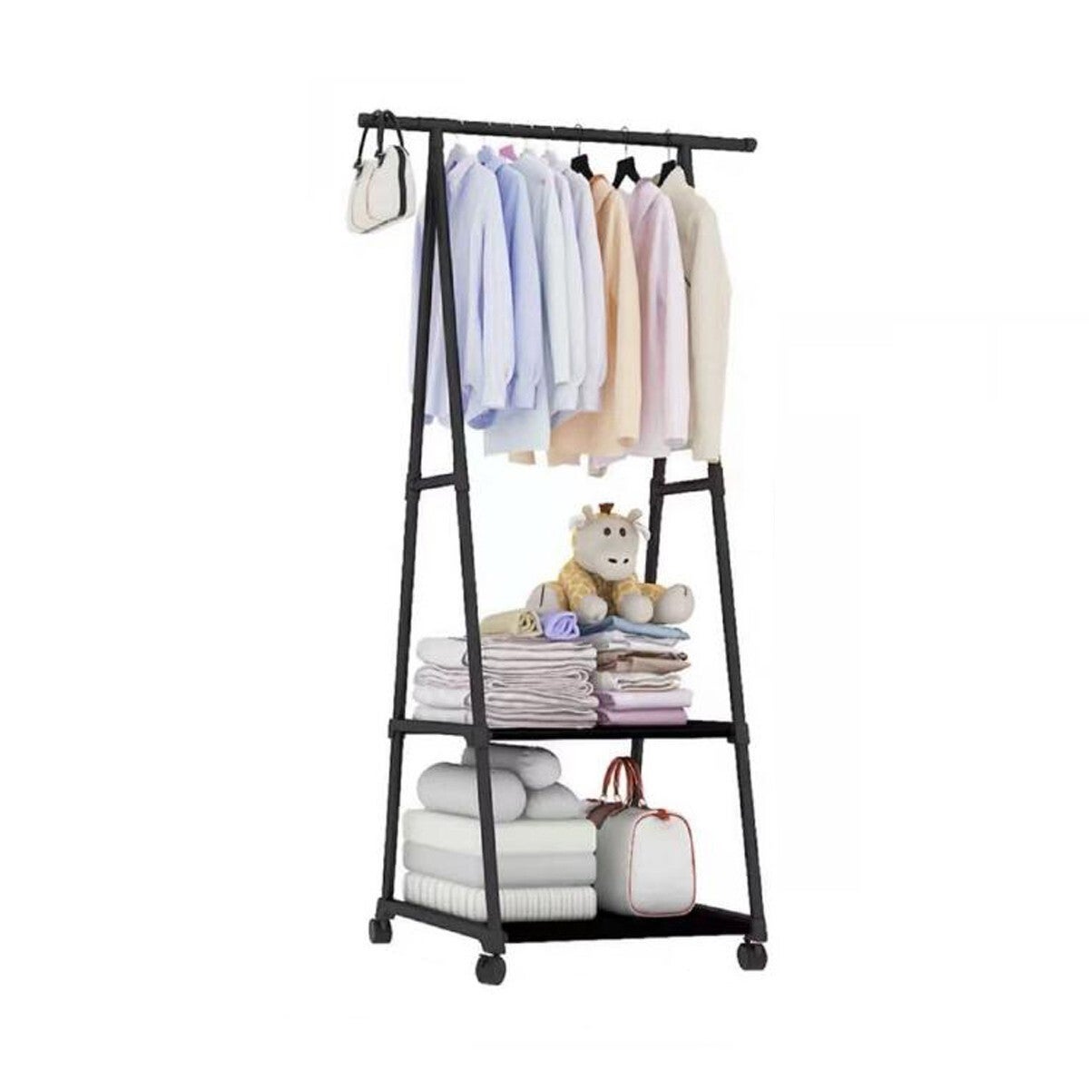 PORTEMANTEAU TRIANGLE NOIR AVEC 3 ÉTAGÈRES HOME ROULETTES 55X42X160 CM ...