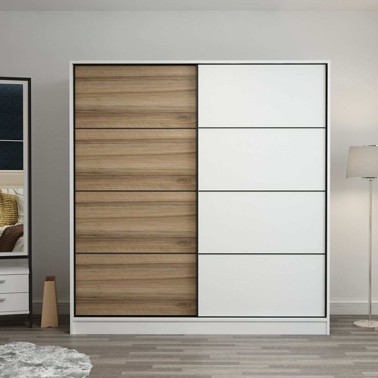 Dressing Carina Blanc L180xH190cm avec 2 portes coulissantes Bois clair ...