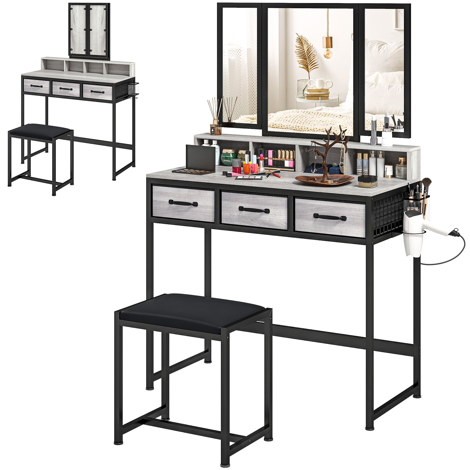 Gray Vanity with Detachable Tri-Fold Mirror, Stool, 3 Fabric Drawers ...