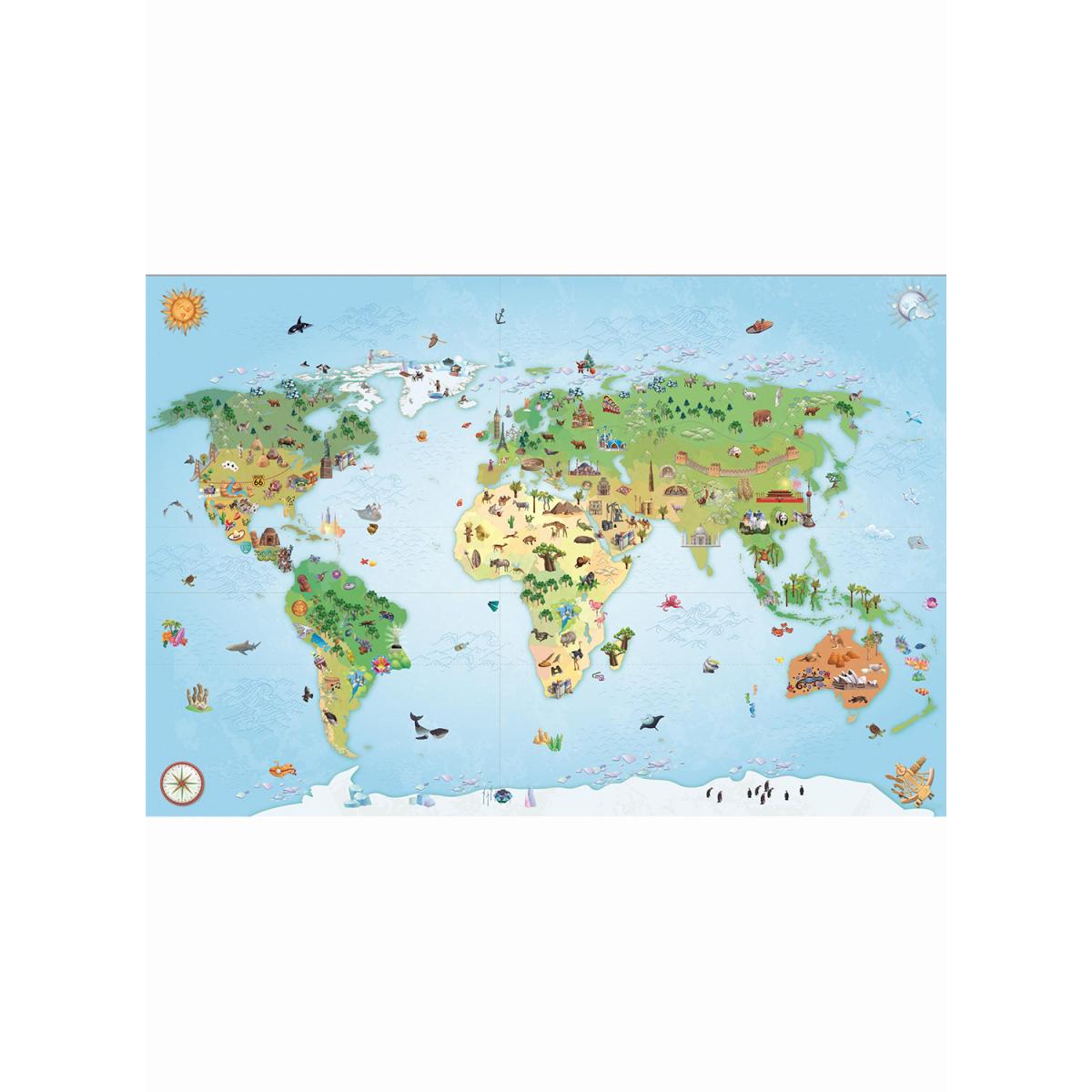 Tapis enfant 130x180 rectangle tissé bleu motif fresque WORLD MAP ...