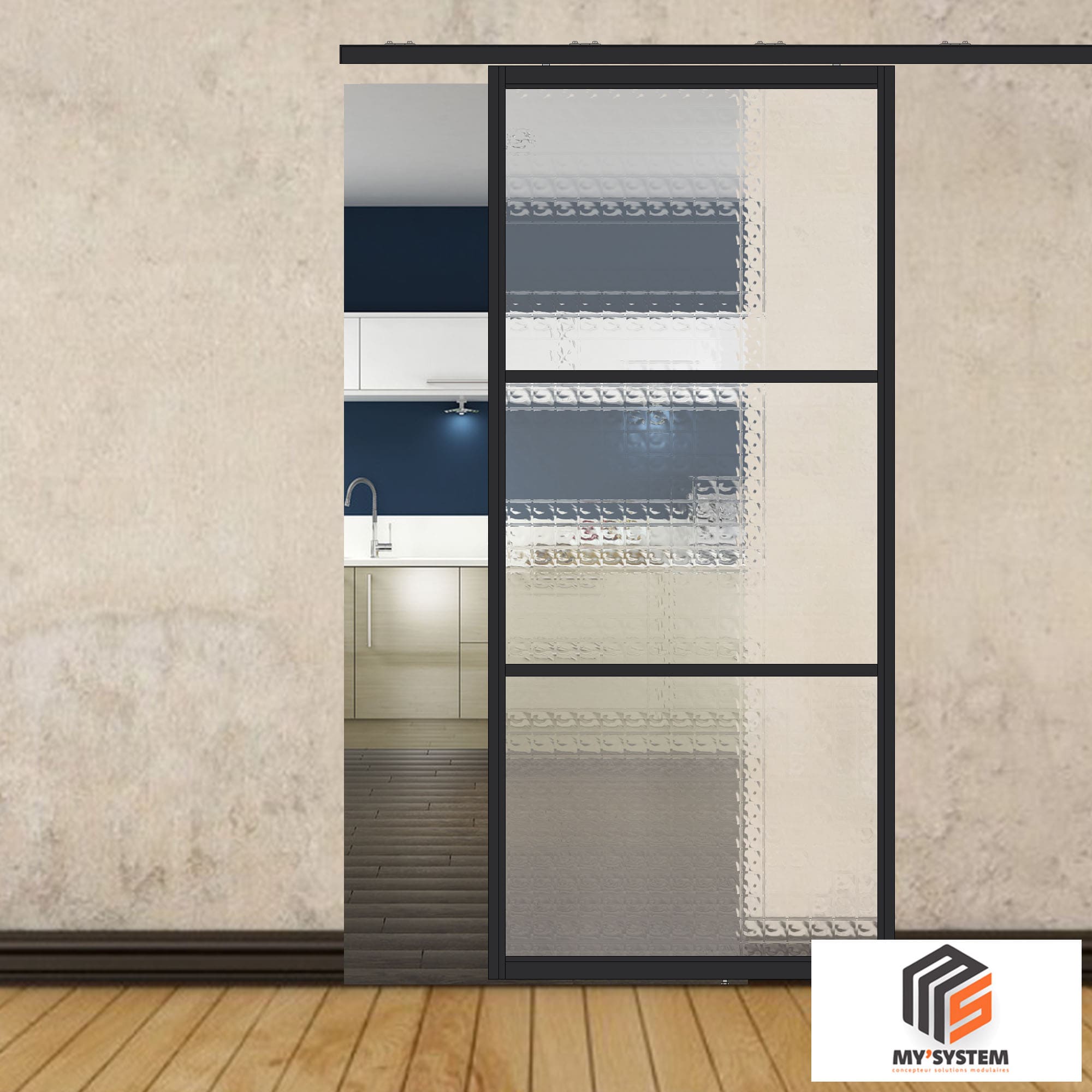 PORTE SIMPLE COULISSANTE DROITE H2088 - L967 mm - 3 VERRES HORIZONTAUX ...